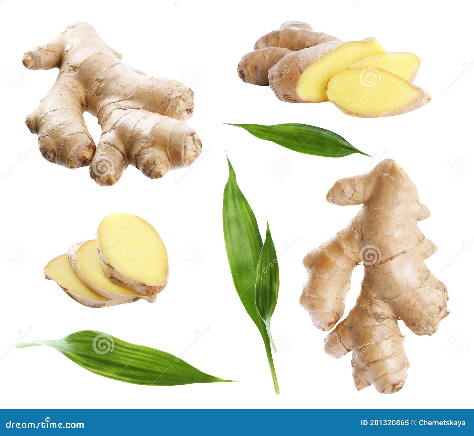 Set of Fresh Aromatic Ginger with Green Leaves on White Background ...