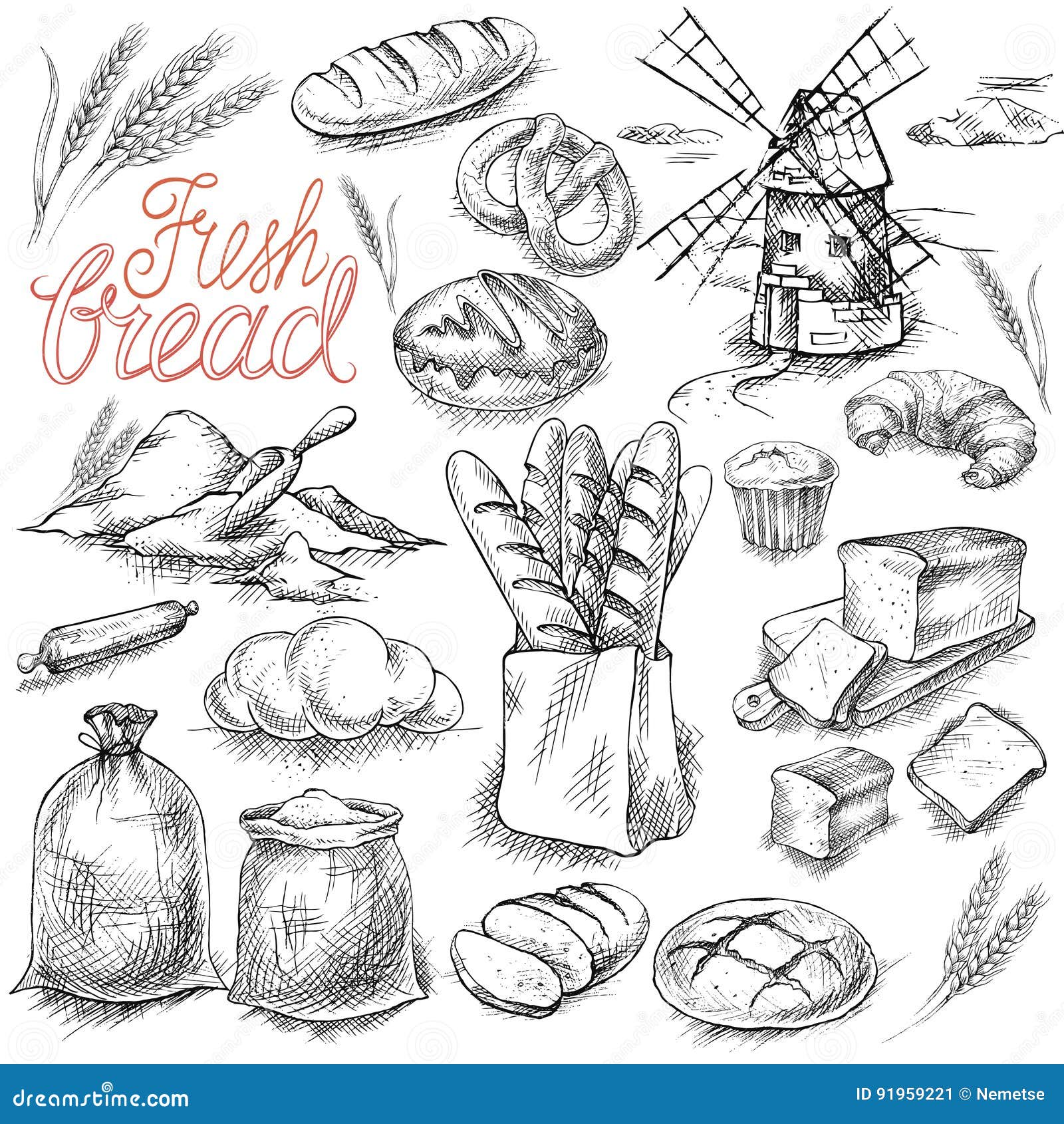 Set of fresh bread. stock vector. Illustration of barley - 91959221