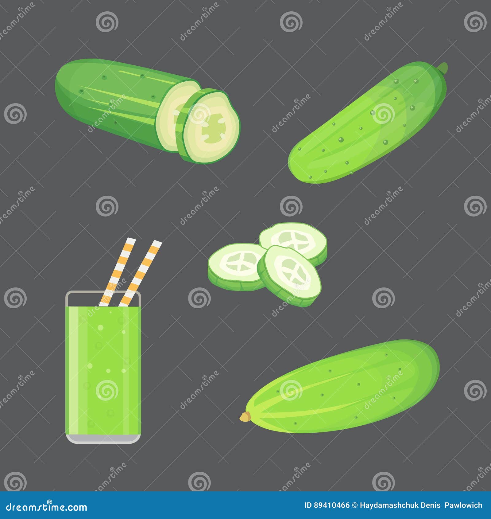 Set Fresh Cucumber, Sliced and Vector Illustration Stock Vector ...