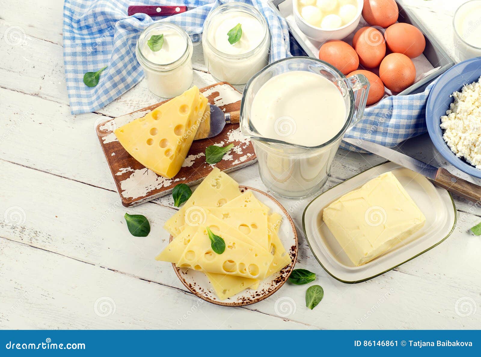 Set of Fresh Dairy Products on a White Wooden Table Stock Image - Image ...