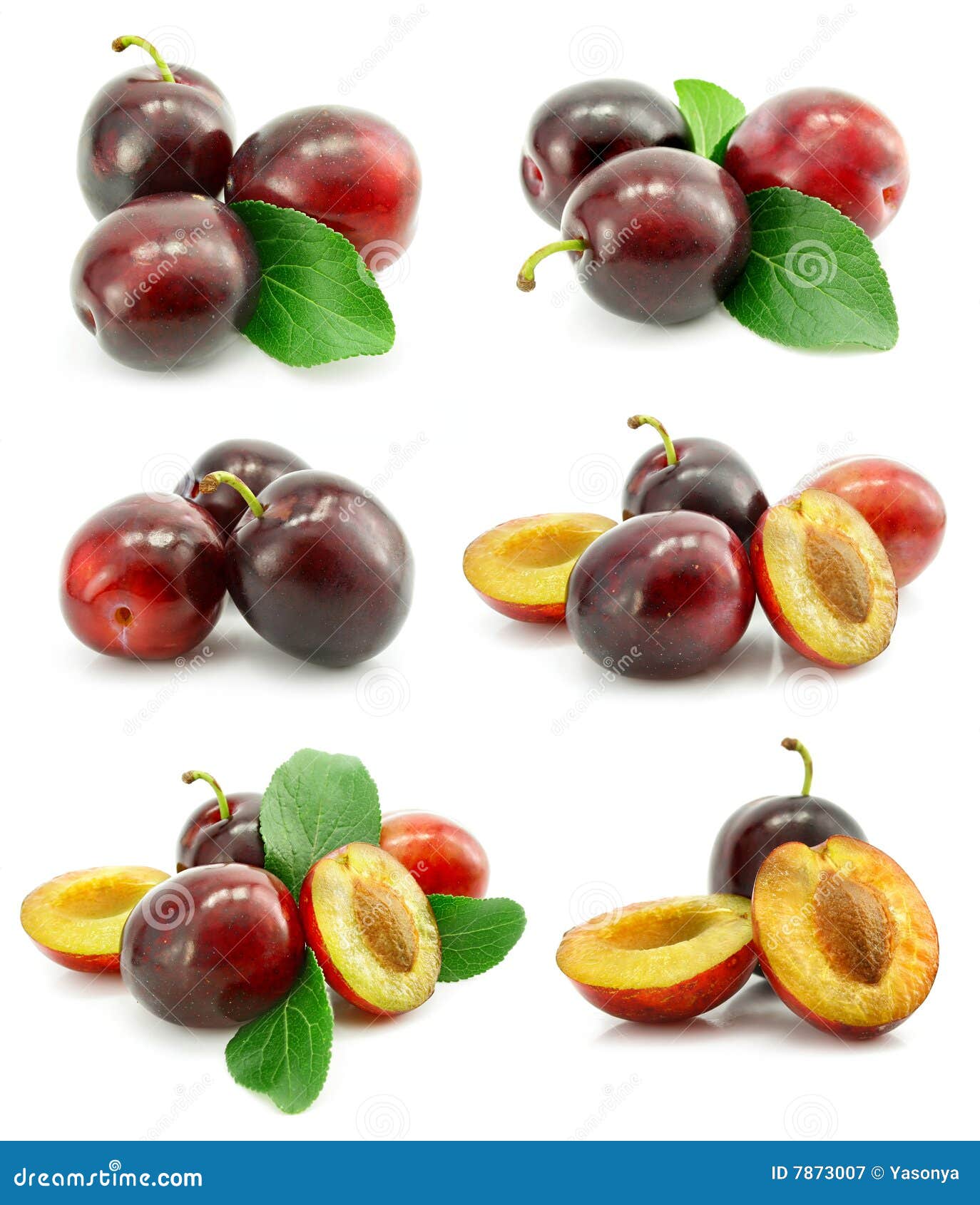 Set of Fresh Plum Fruits with Green Leafs Stock Image - Image of ...