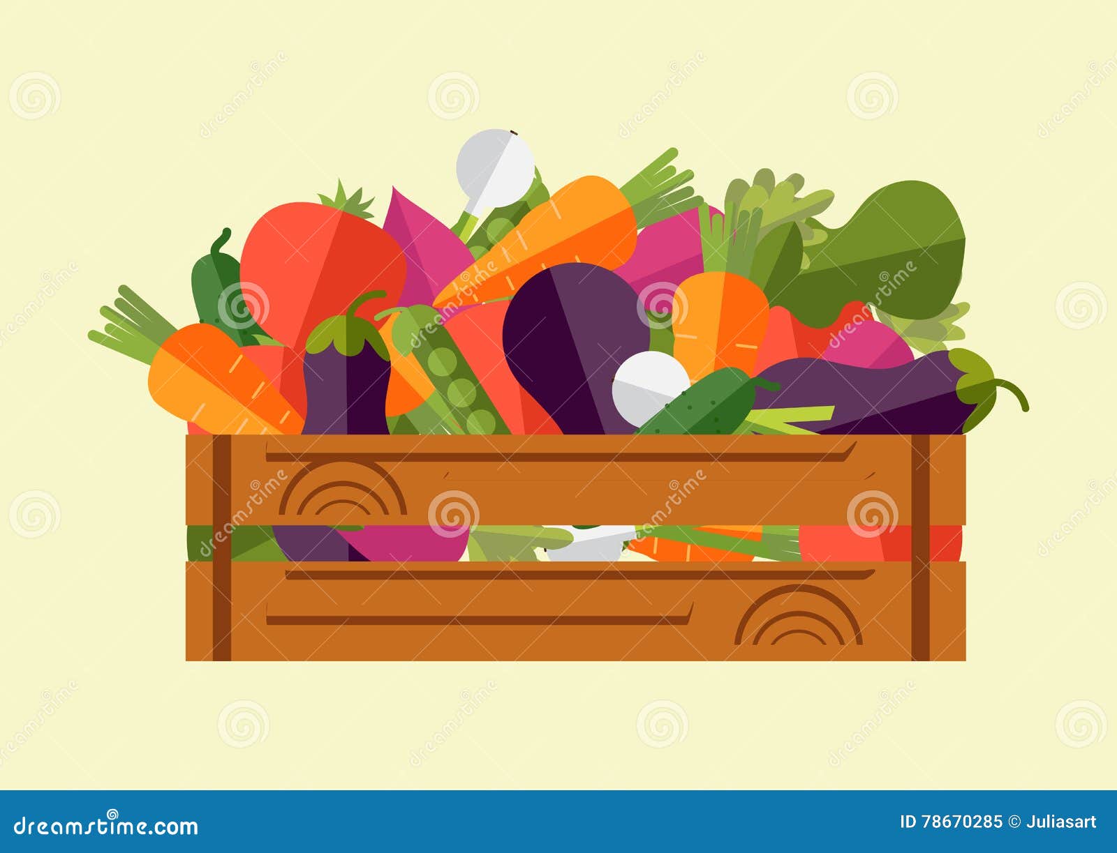 Set of Fresh Vegetables in a Wooden Box. Vector Illustration, Ha Stock ...