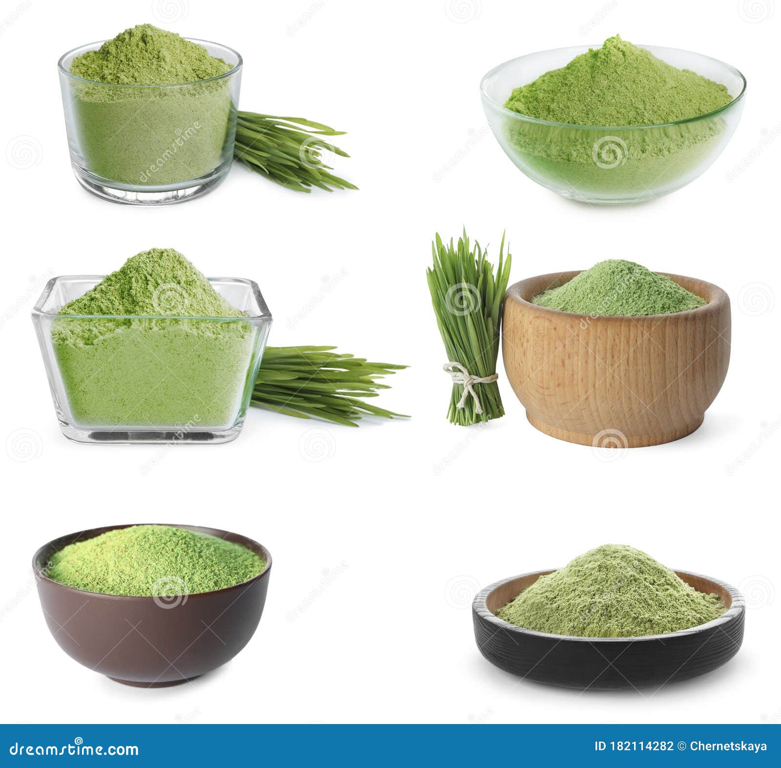 Set of Fresh Wheat Grass and Green Powder on Background Stock Photo ...