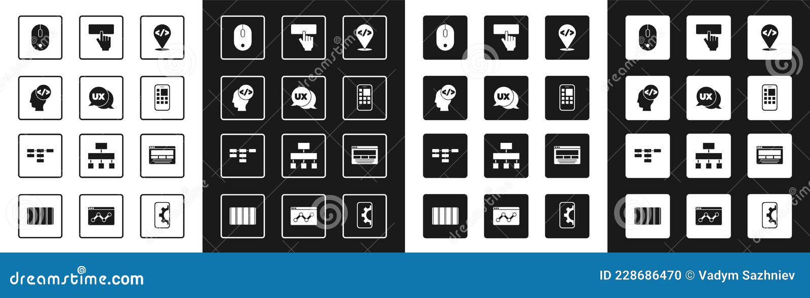 Set Front End Development Ui Or Ux Design Computer Mouse Mobile Apps Keyboard And Site Map