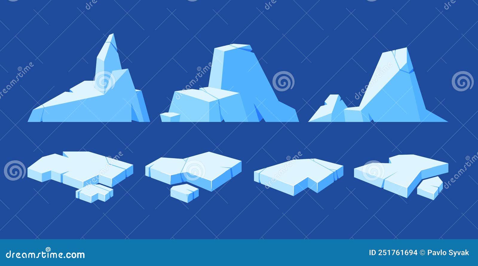 Set Of Frozen Ice Floe Blocks Floating Iceberg Blue Winter Iced Lumps Snowdrift Cap Ice Cube