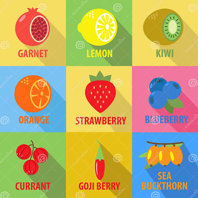 Set of Fruit Icons in Flat Design with Long Shadows Stock Vector ...