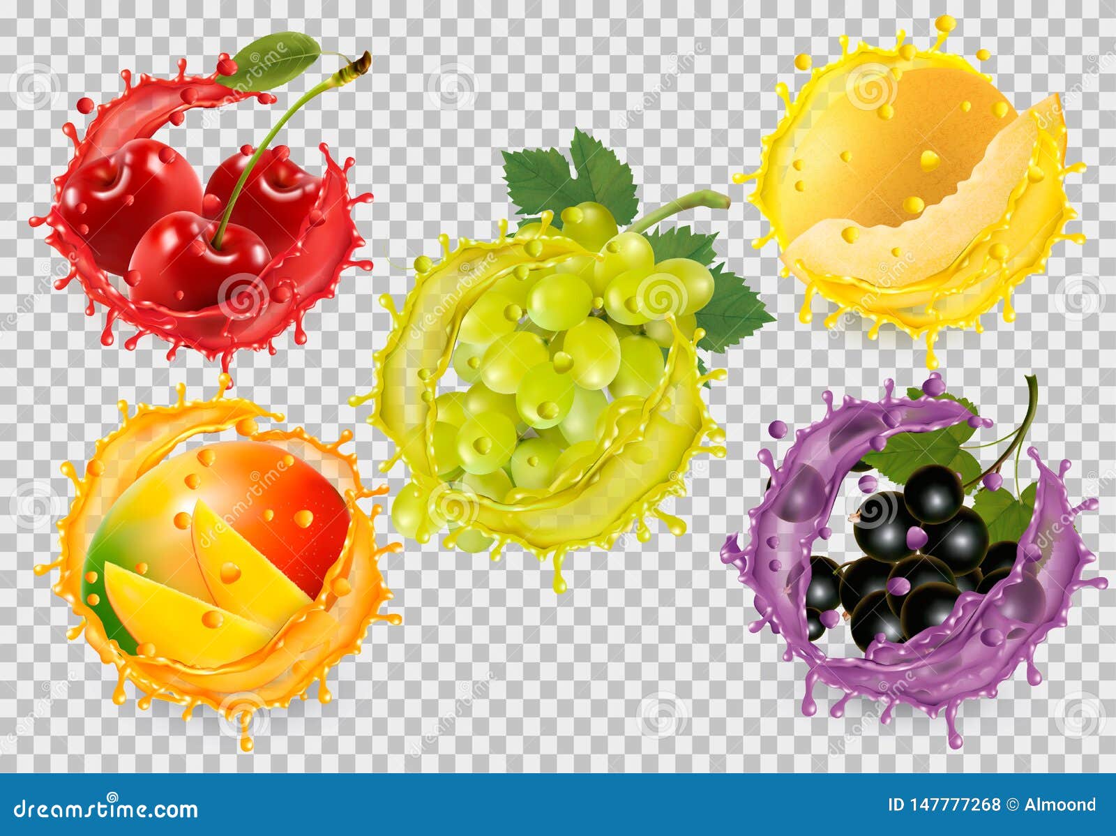 Set of Fruit in Juice Splash. Grapes, Cherry Stock Vector ...