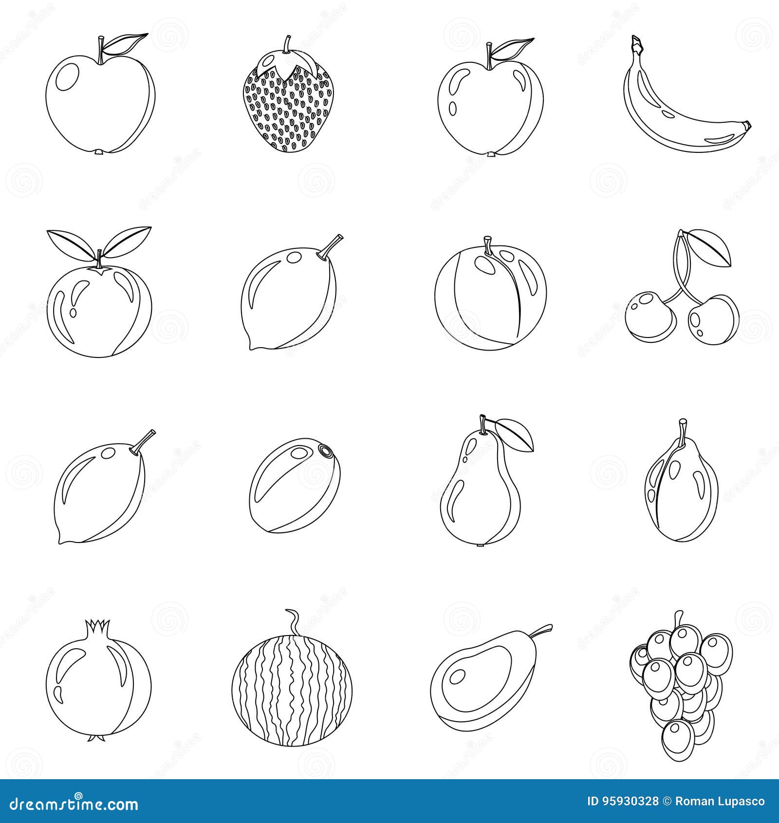 Set of Fruits in Different Style. Line, Black. White Background. Vector ...