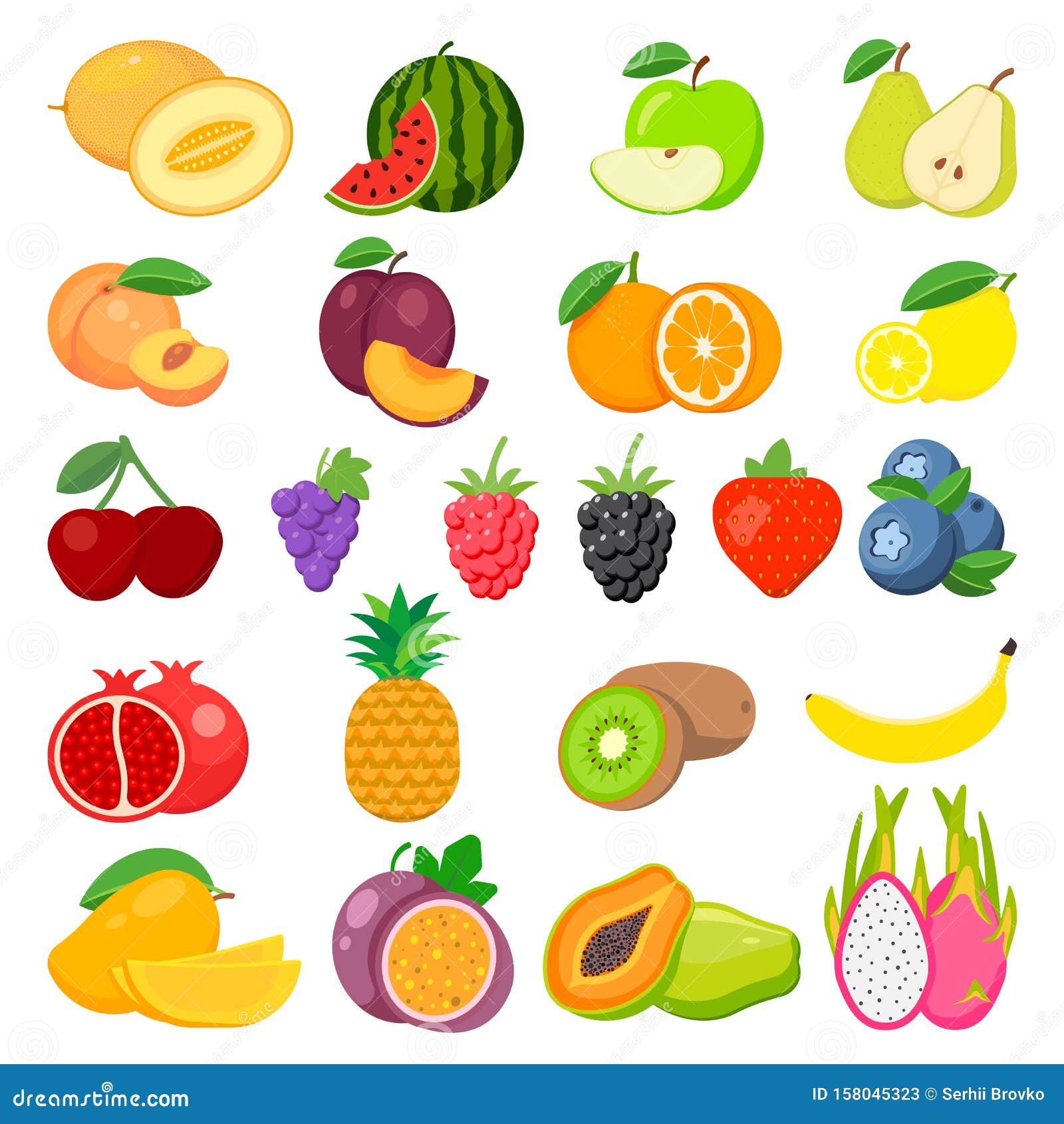 Set Of Fruits Watermelon Pineapple Peach Lemon Vegetarian Orange