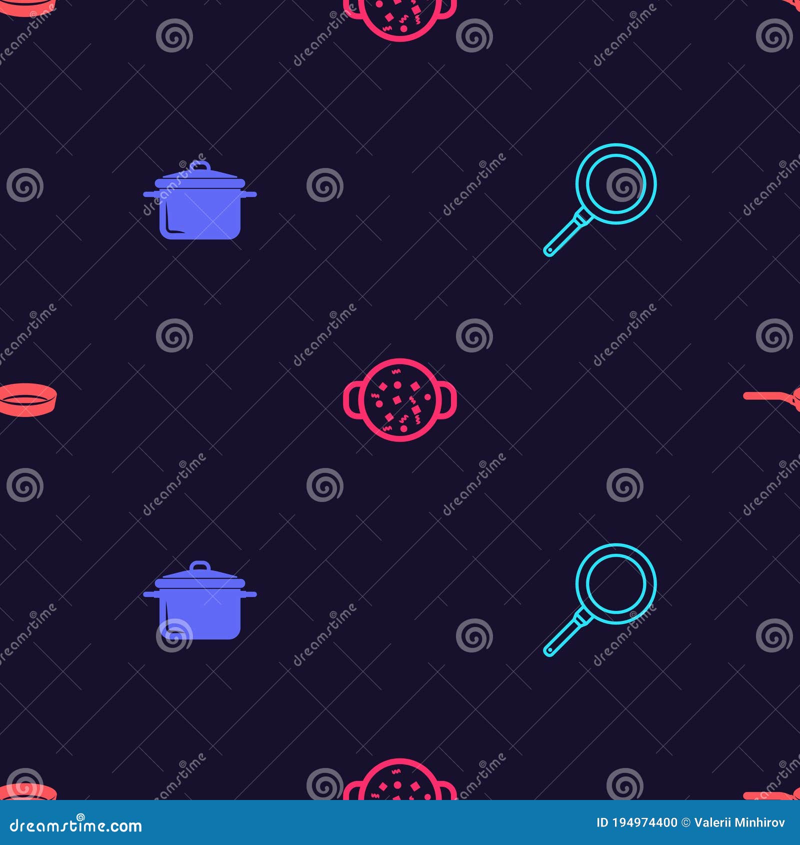 Set Frying Pan, Cooking Pot, Soup and on Seamless Pattern. Vector Stock ...