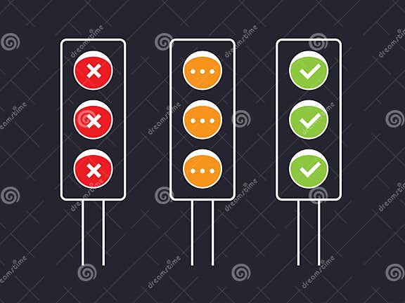 A Set of Fully Lit Traffic Lights on a Dark Background Stock ...