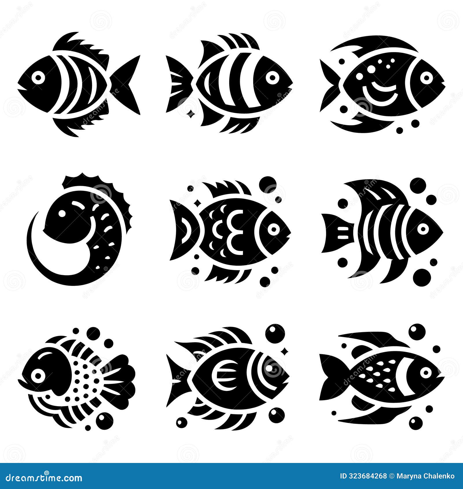 Set of Fun and Cute Black and White Fish. Vector Illustration. Stock ...