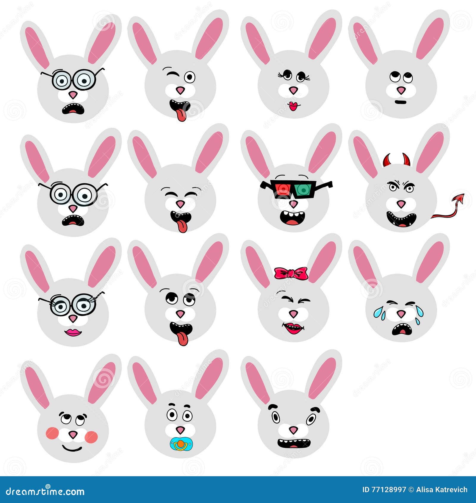 Set Of Fun Emoticon Rabbit Smileys On White Background Stock Vector