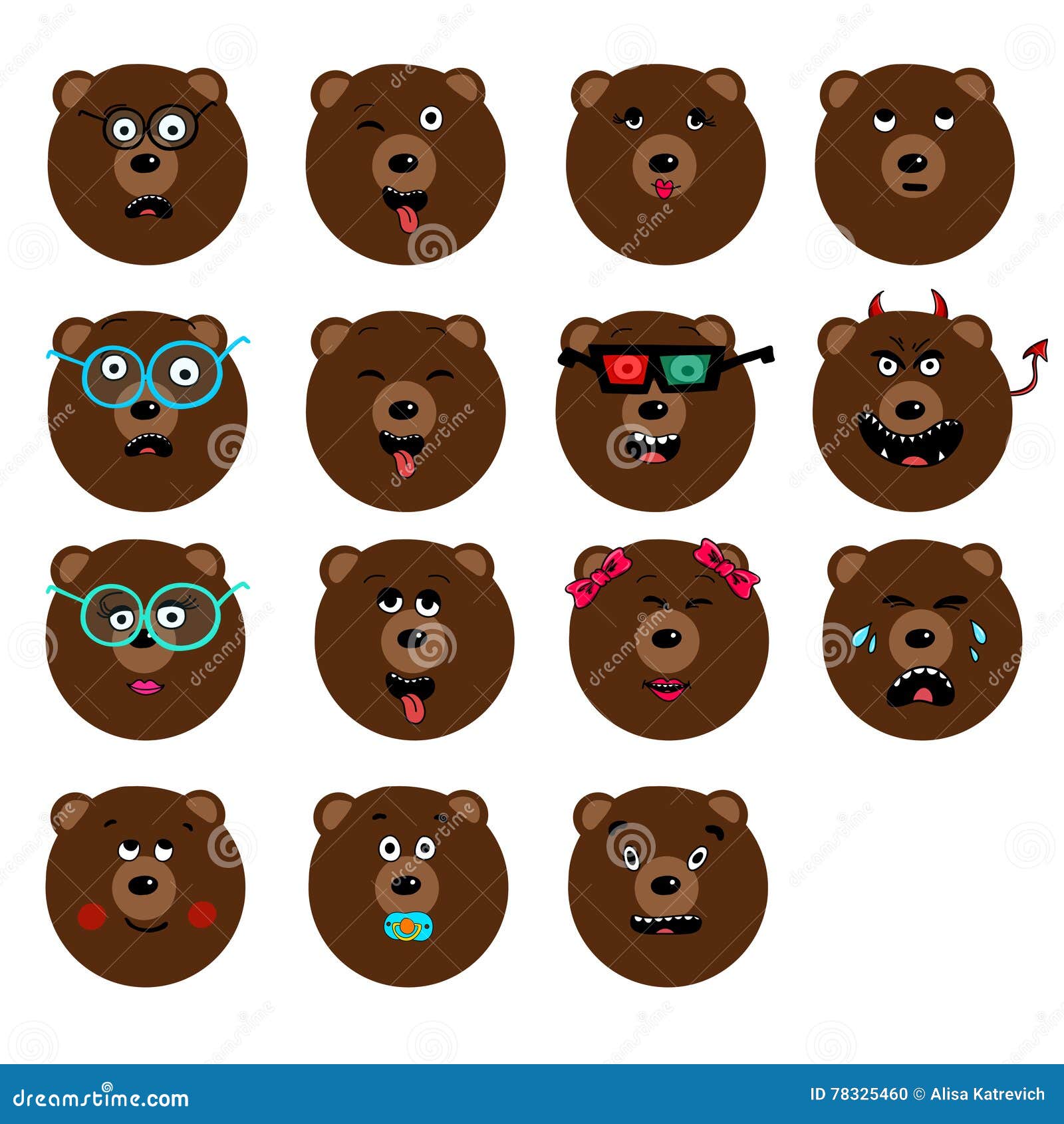 Set of Fun Emotions Bears Smileys Isolated on White Background. Stock ...