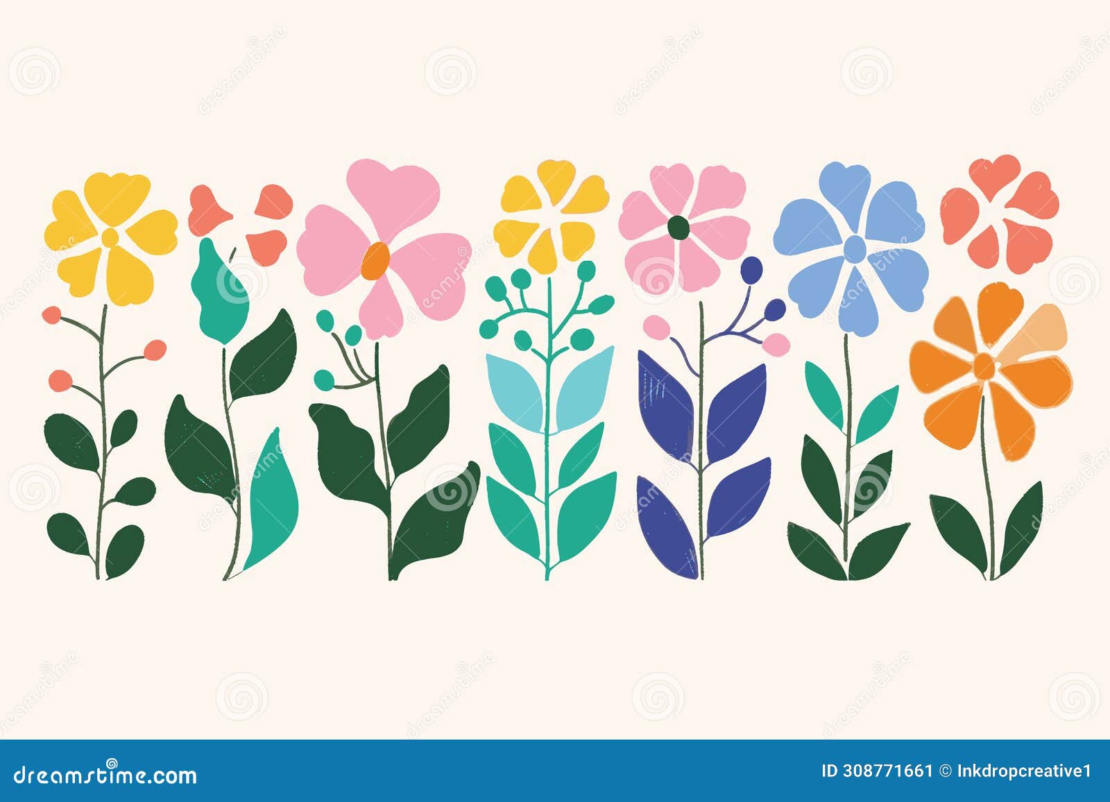 A Set of Fun Flower and Nature Design Elements. Flat Hand Drawn Vector ...