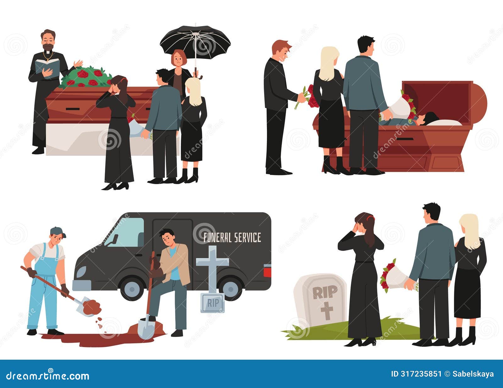 Set of Funeral Scenes Flat Style, Vector Illustration Isolated on White ...