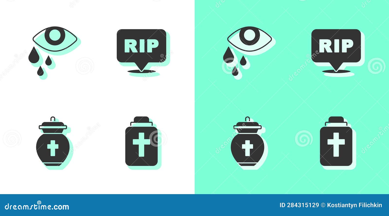 Set Funeral Urn, Tear Cry Eye, and Speech Bubble Rip Death Icon. Vector ...