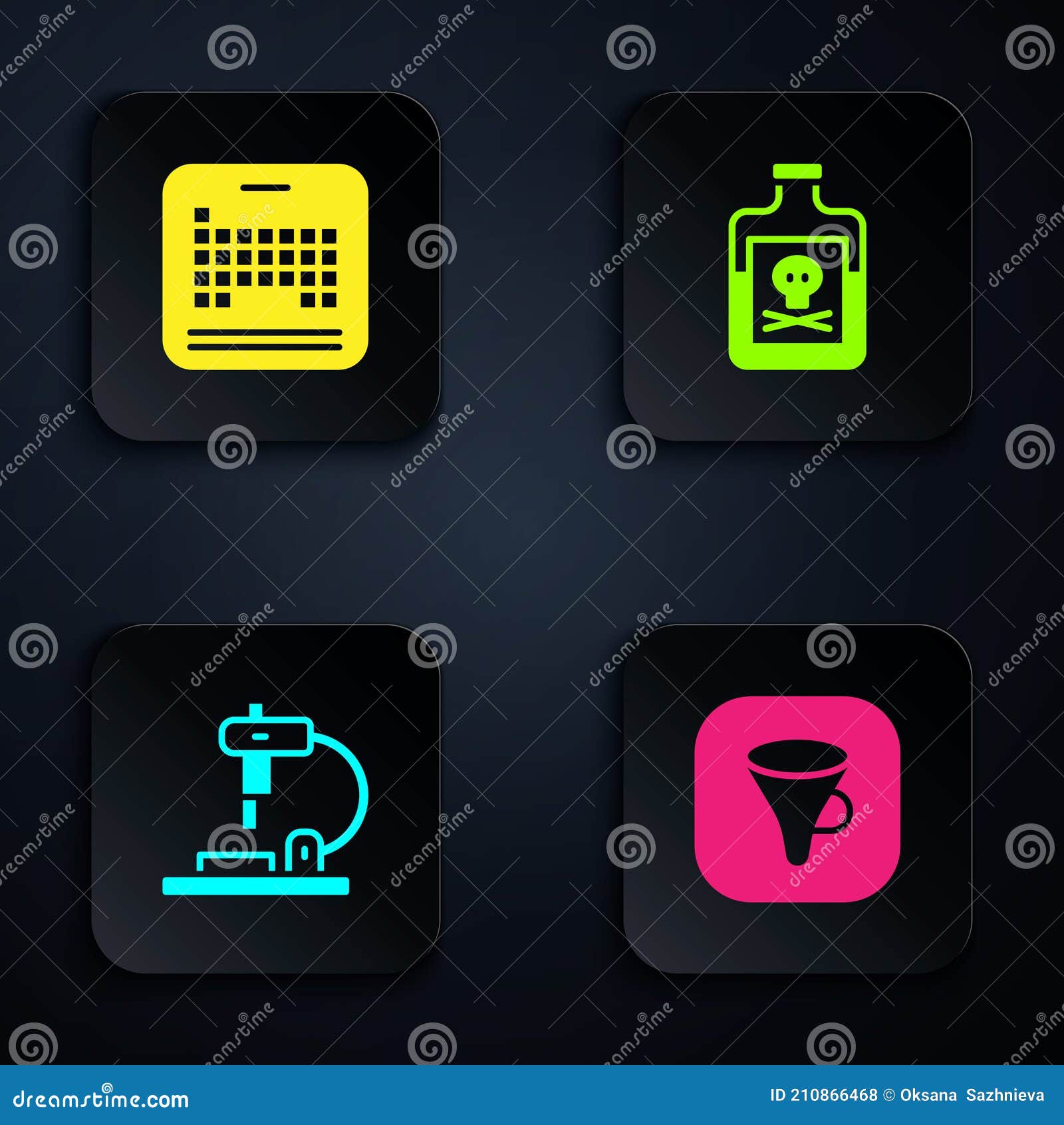 Set Funnel or Filter, Periodic Table, Microscope and Poison in Bottle ...