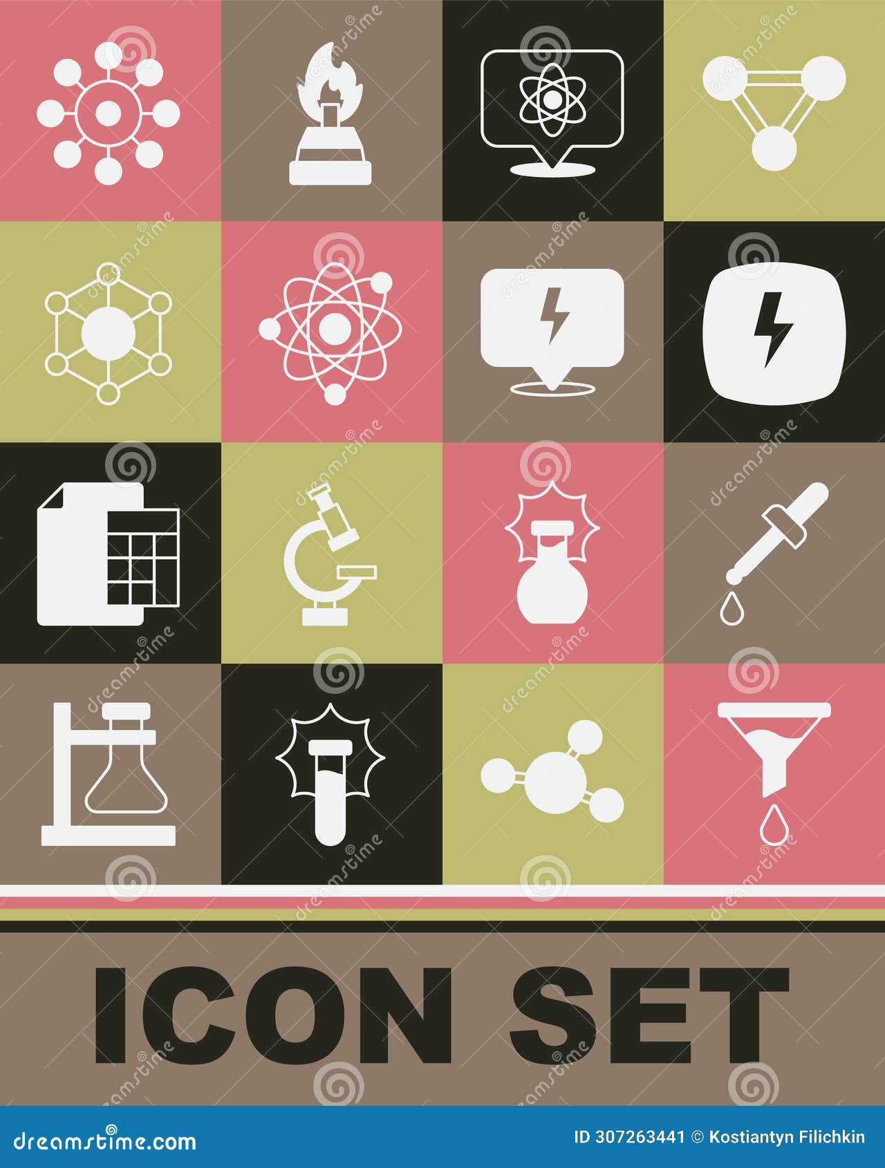 Set Funnel or Filter, Pipette, Lightning Bolt, Atom, Molecule, Virus ...