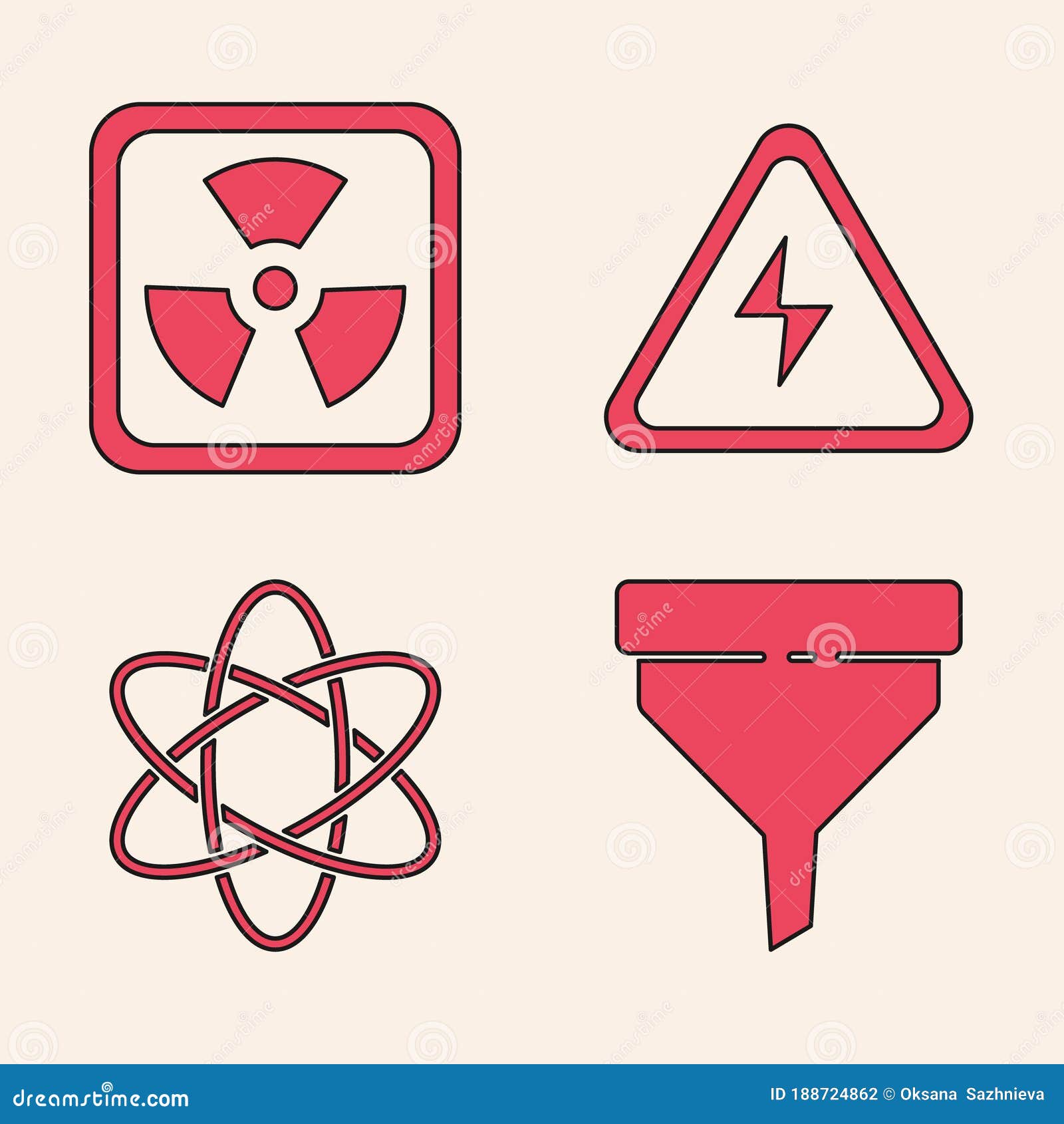 Set Funnel or Filter, Radioactive, High Voltage Sign and Atom Icon ...