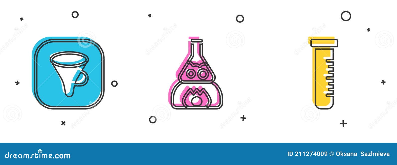 Set Funnel or Filter, Test Tube Flask on Fire and and Icon. Vector ...