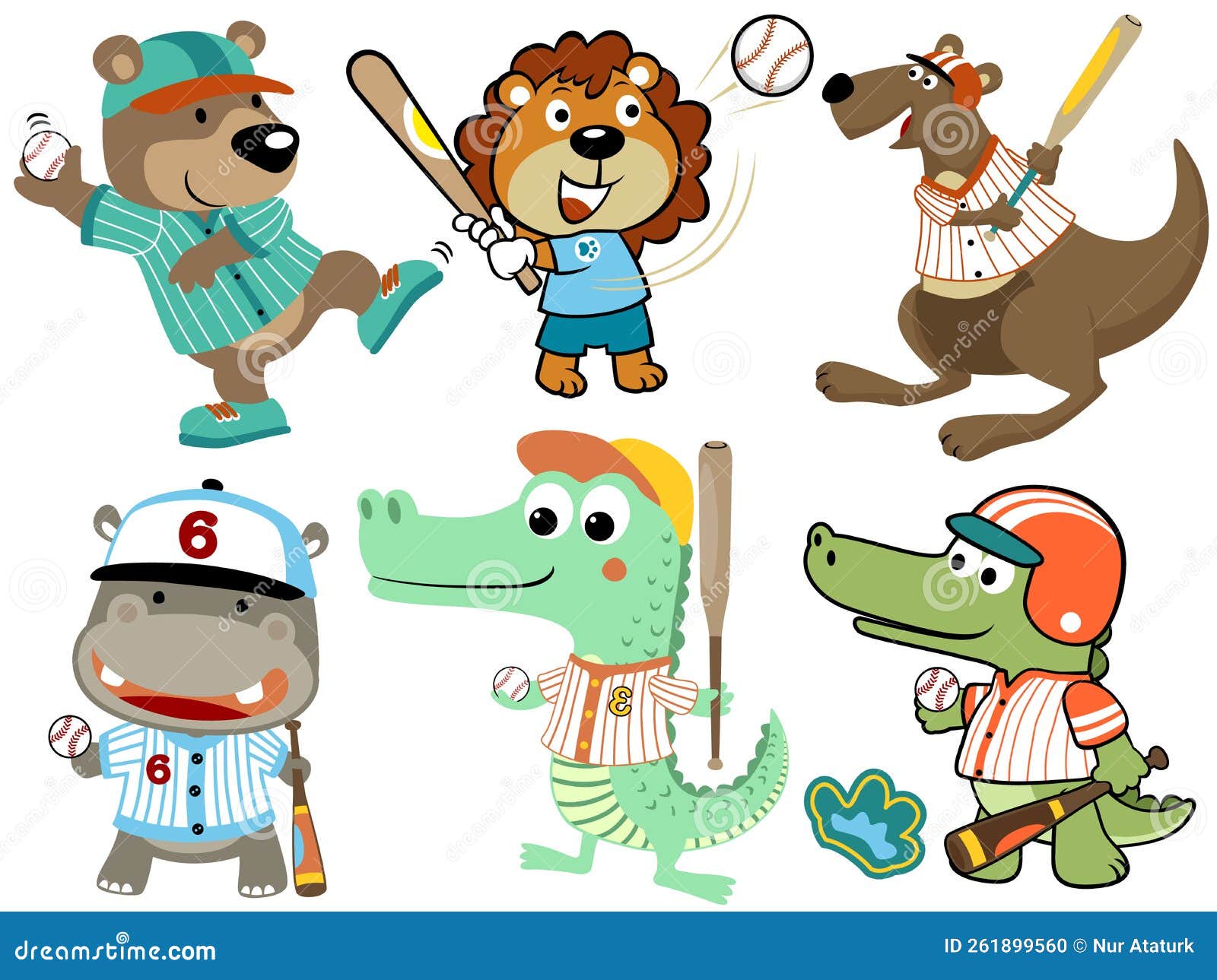 Set of Funny Animals Cartoon Play Baseball Stock Vector - Illustration ...