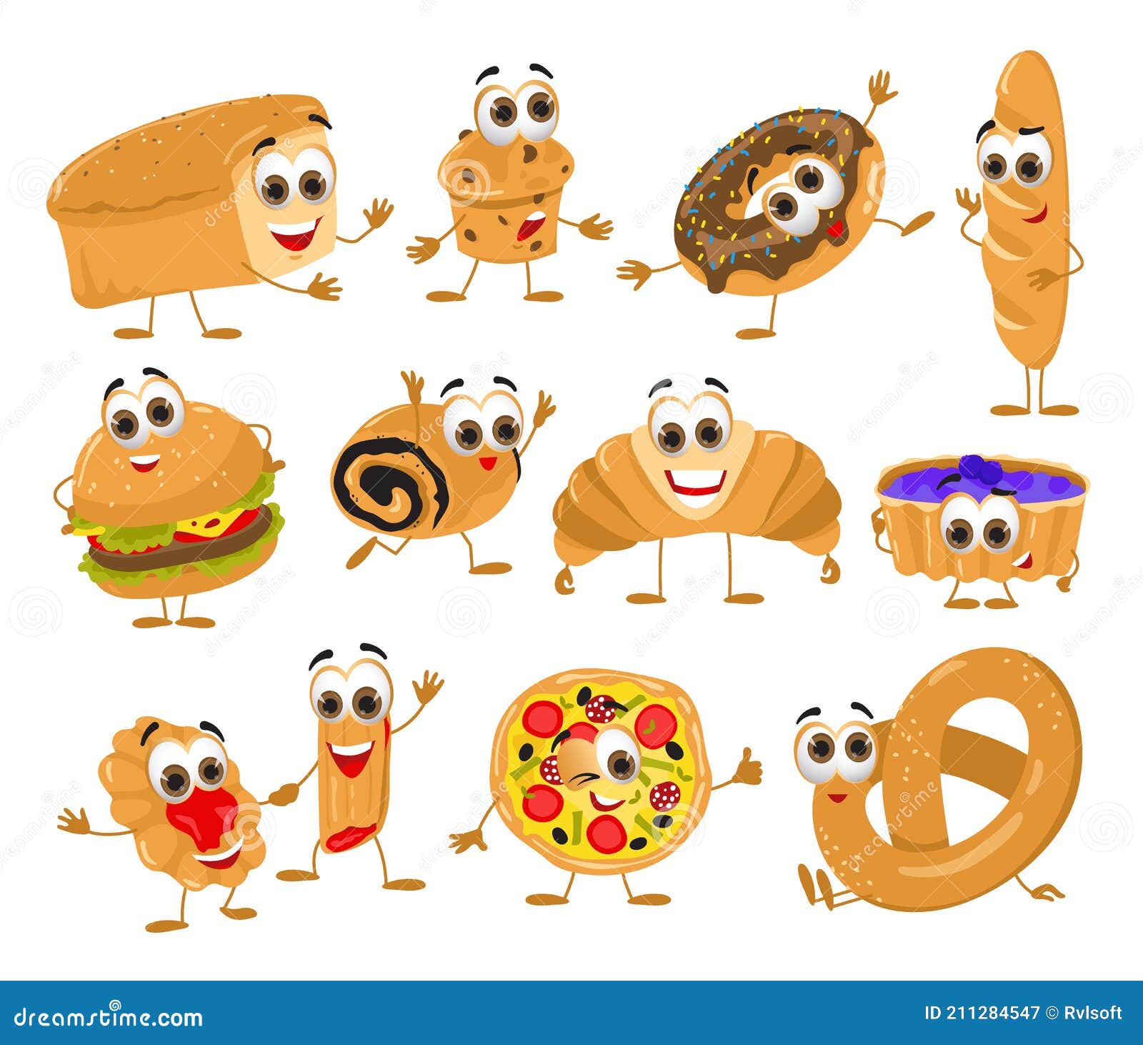 Set Of Funny Bread, Bakery Characters With Human Faces Stickers ...