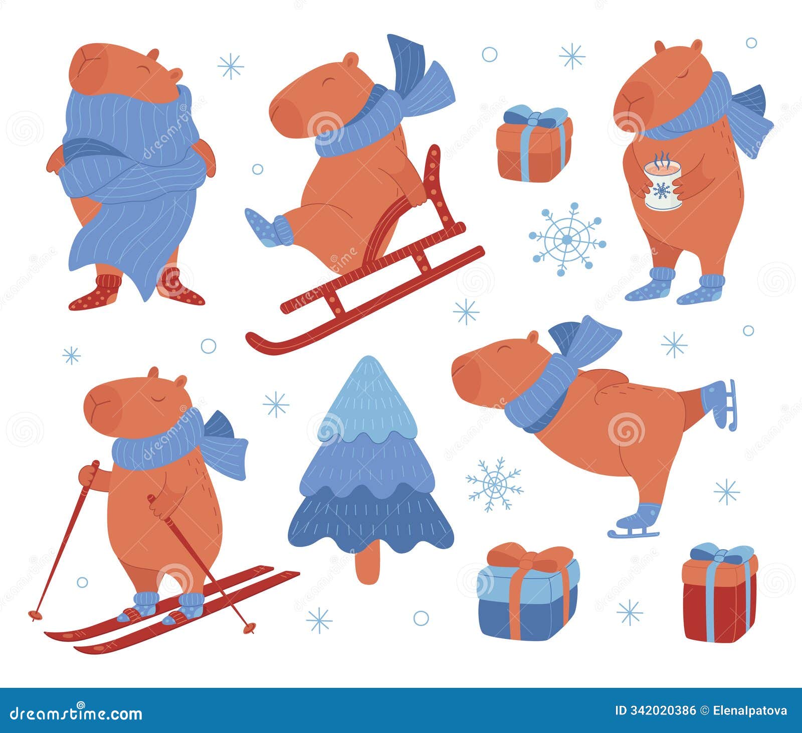 Set of Funny Capybaras in Winter Activity Stock Vector - Illustration ...
