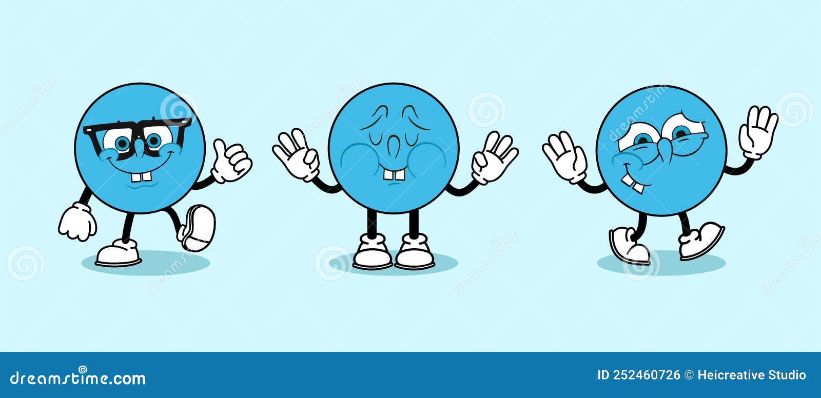 Set Funny Face Cartoon Blue Ball Head with Cool Expression Vector ...