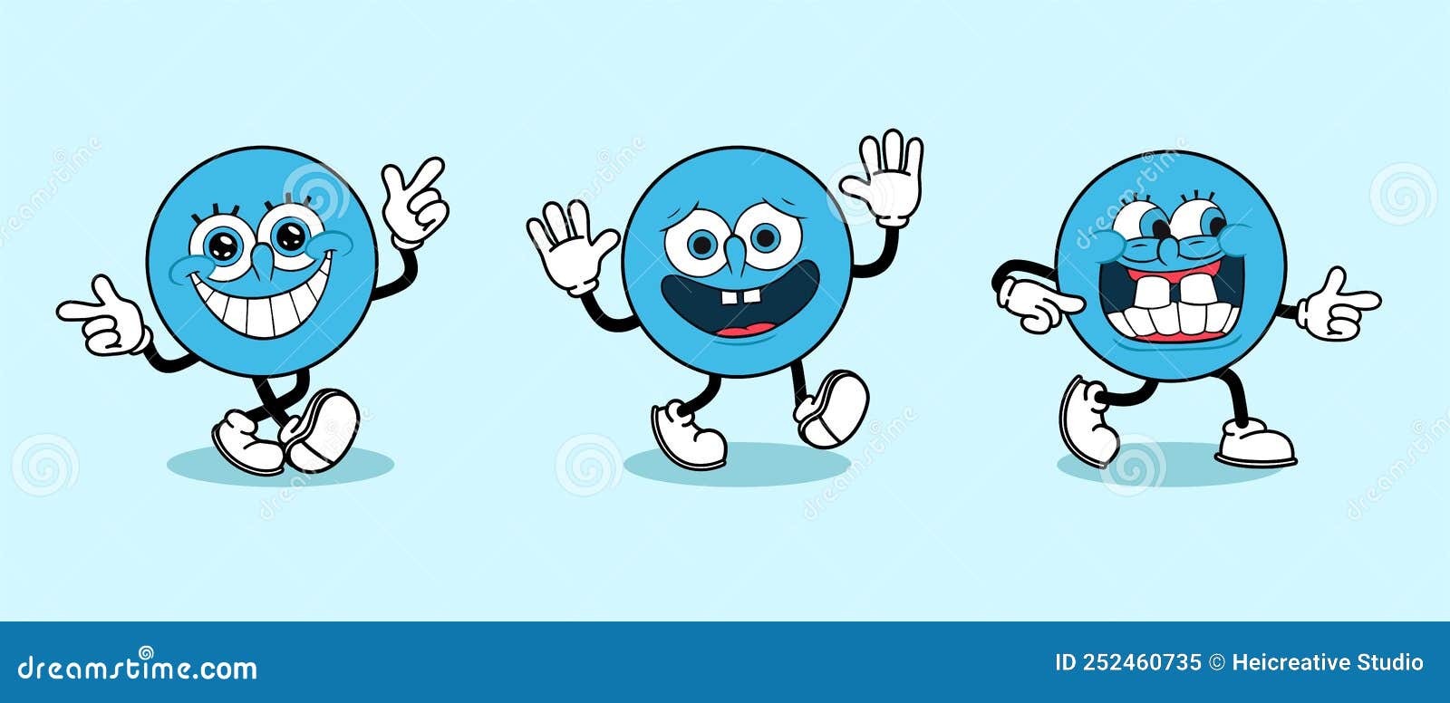 Set Funny Face Cartoon Blue Ball Head with Happy Expression Vector ...