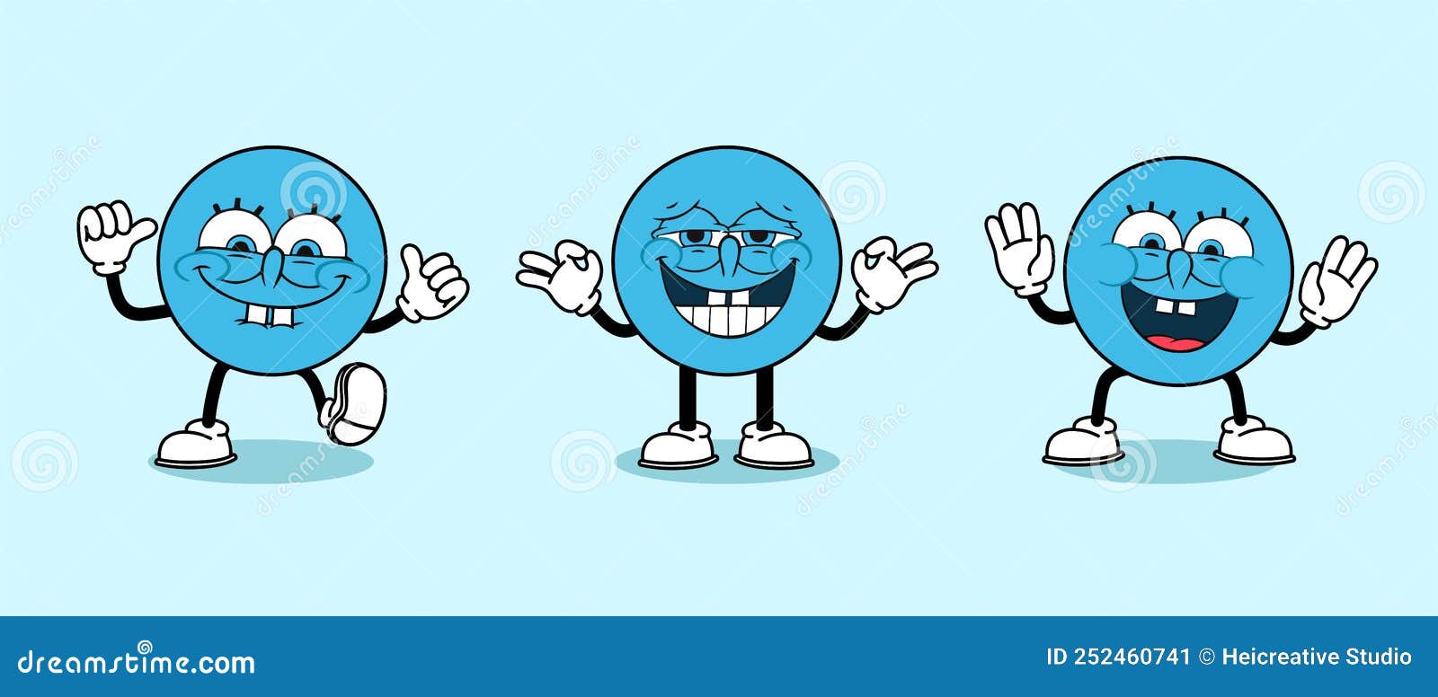 Set Funny Face Cartoon Blue Ball Head with Laugh Expression Vector ...