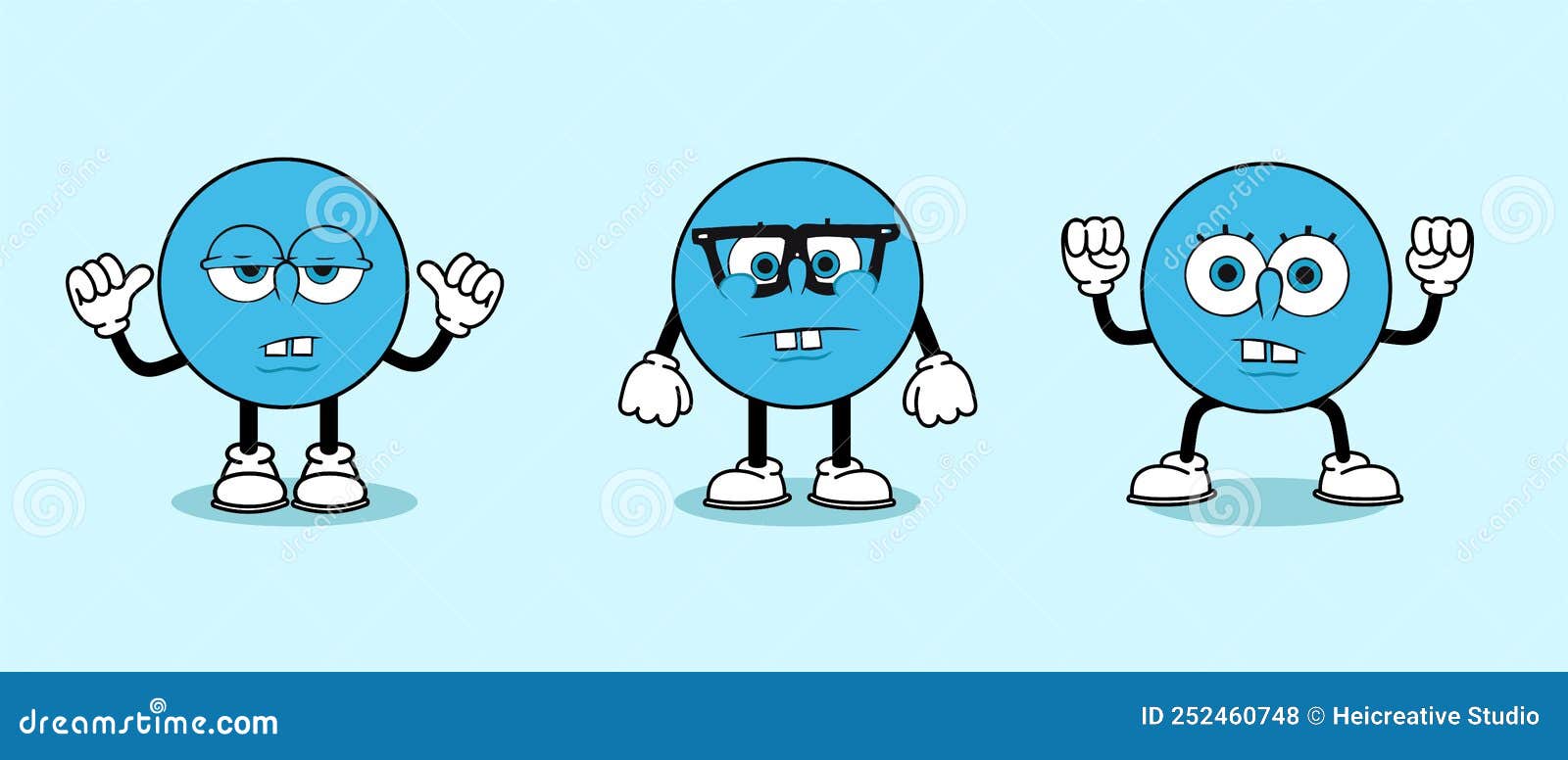 Set Funny Face Cartoon Blue Ball Head with Poker Expression Vector ...