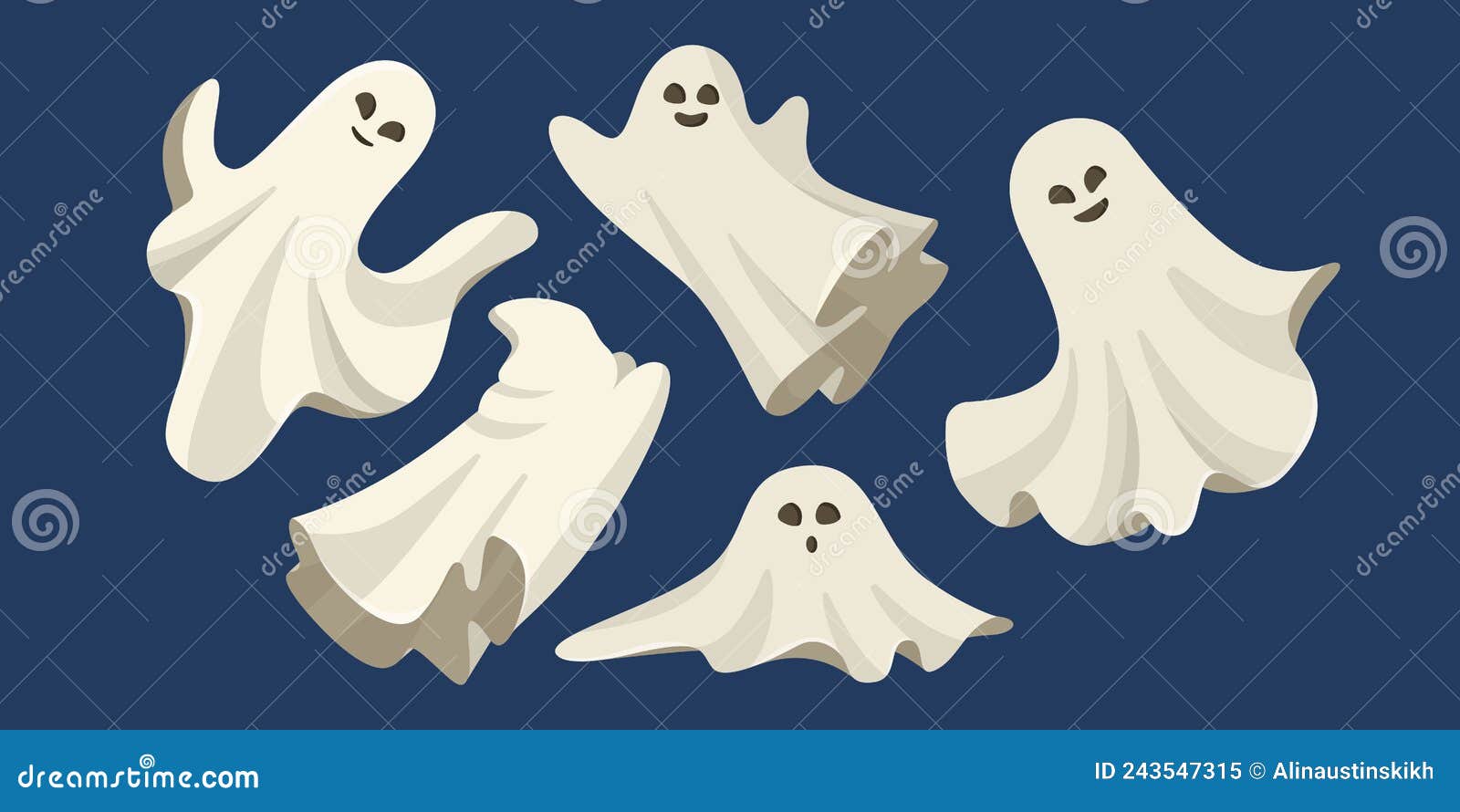 Set of Funny and Friendly Ghost in Dark Background. Stock Vector ...
