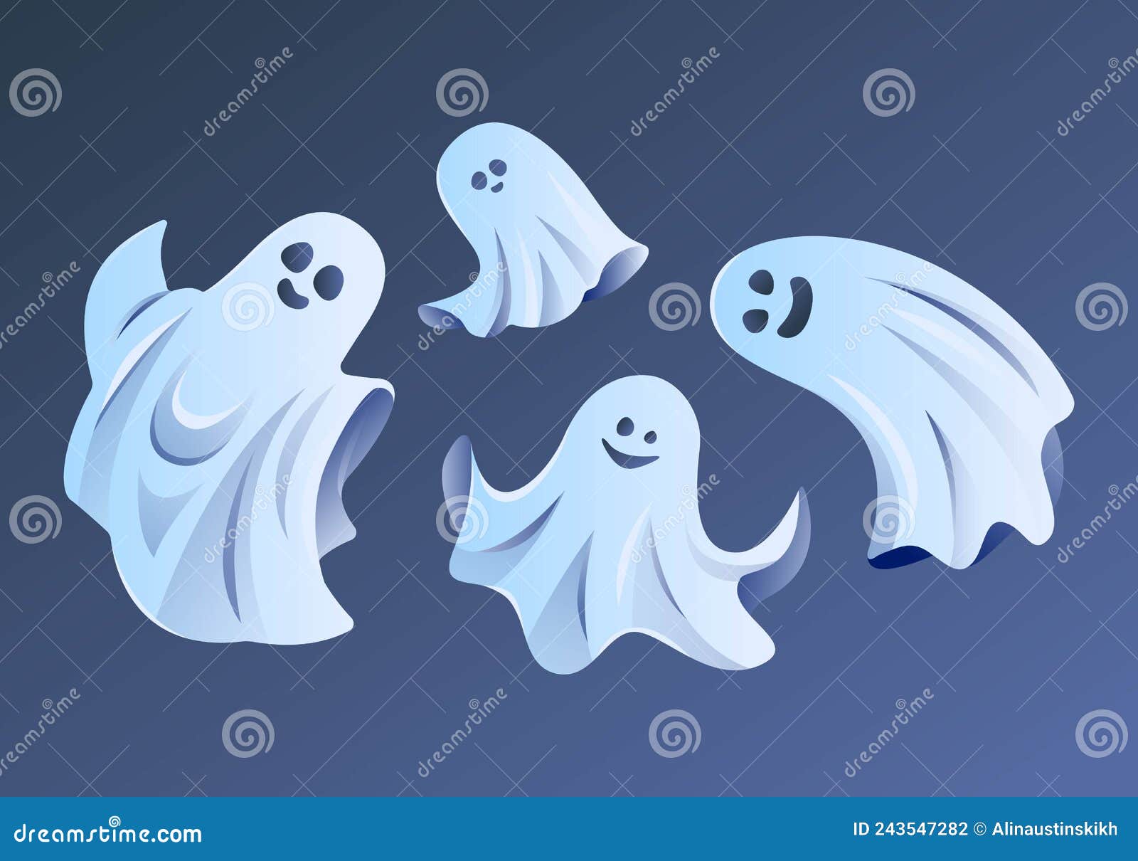 Set of Funny and Friendly Ghost in Dark Background. Stock Vector ...