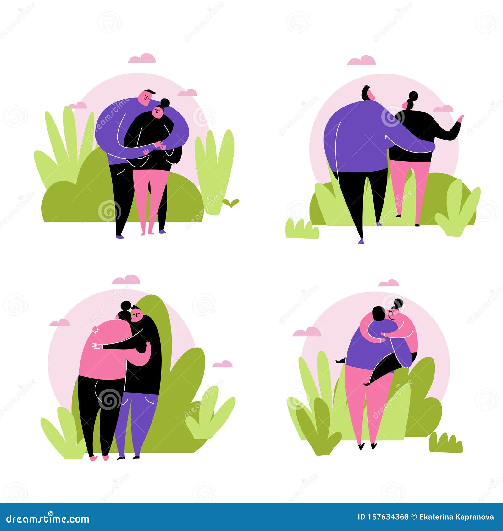 Set of Funny Hugging Couple. Bright Vector Illustration, Isolated on ...