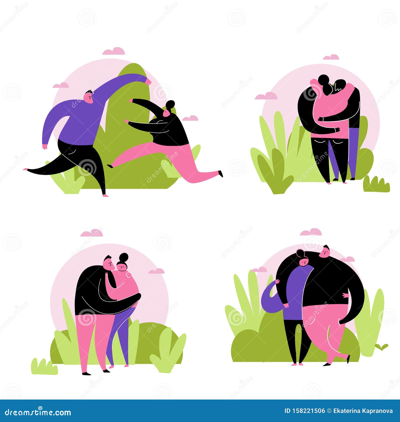 Set of Funny Hugging Couple. Bright Vector Illustration, Isolated on ...