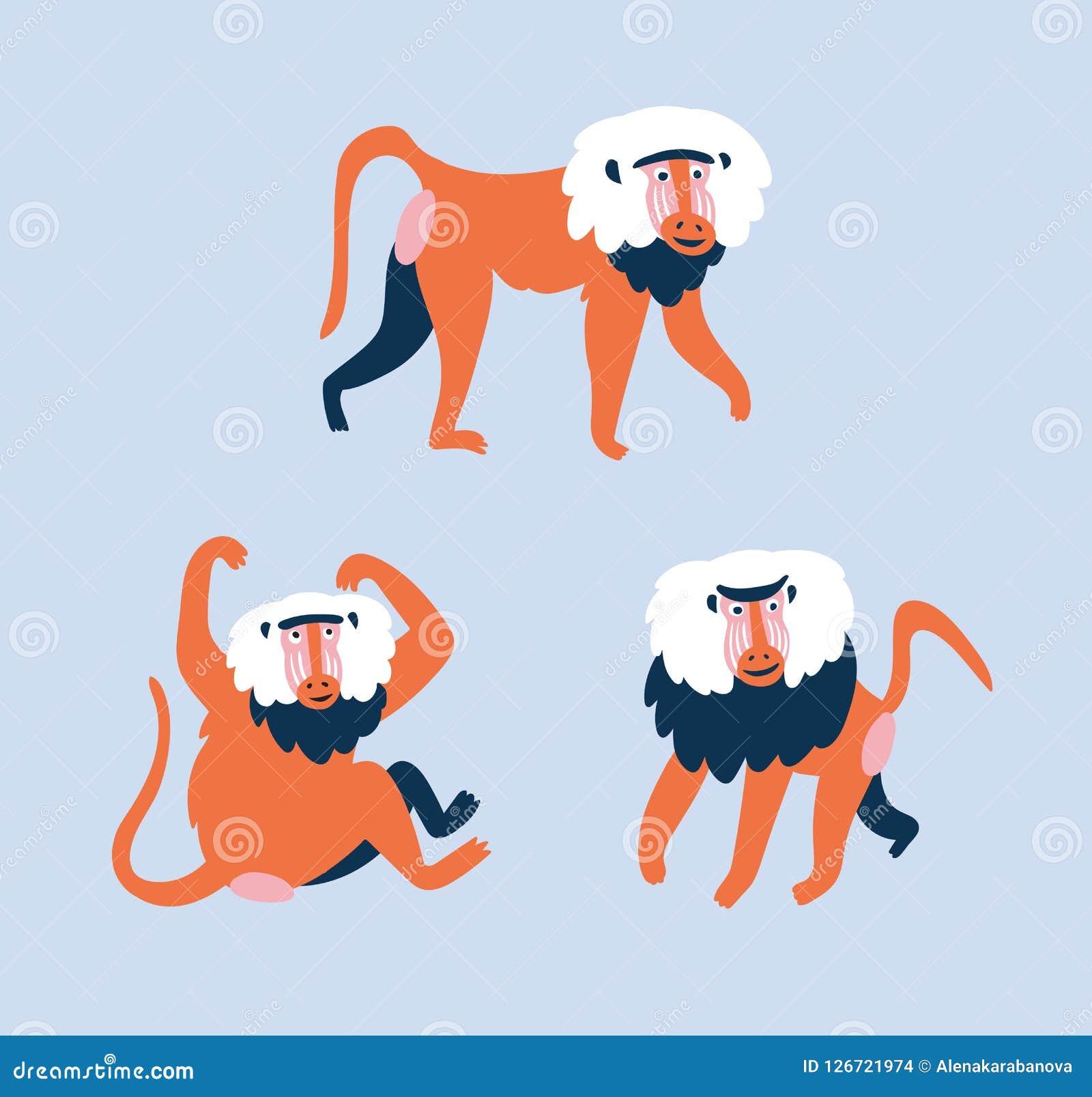 Set Of Funny Monkeys In Different Poses On The Blue Background. Vector ...