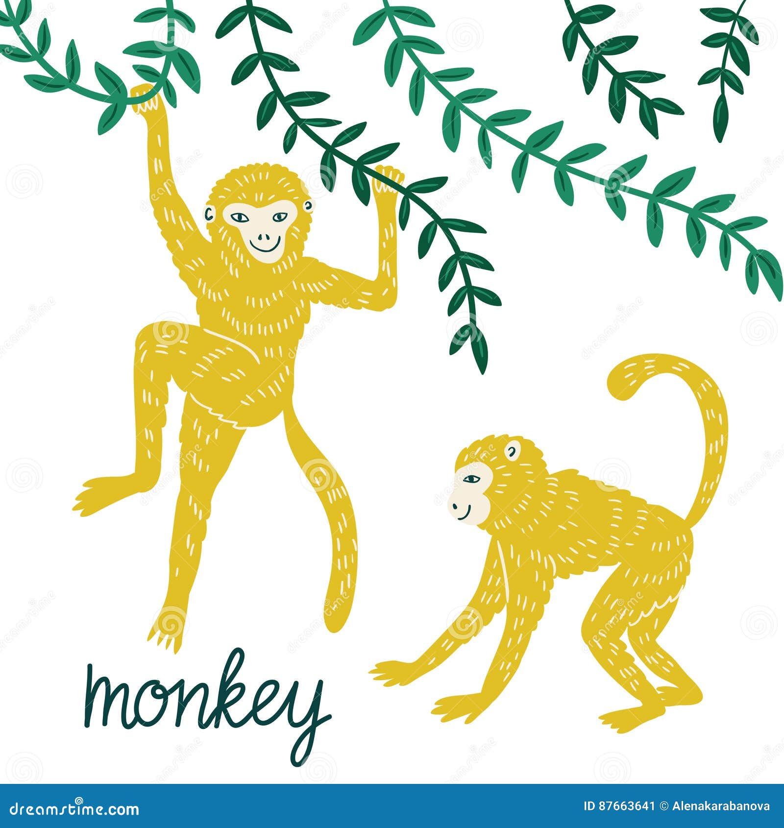 Set of Funny Monkeys in Different Poses. Vector Hand Drawn Illustration ...