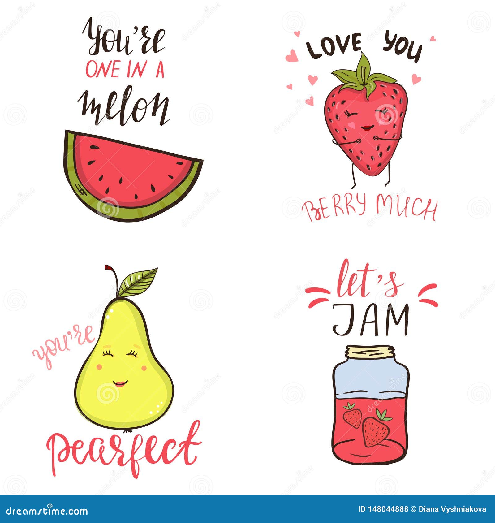 Set of Funny Pun Phrases and Cute Fruit Characters Stock Vector ...