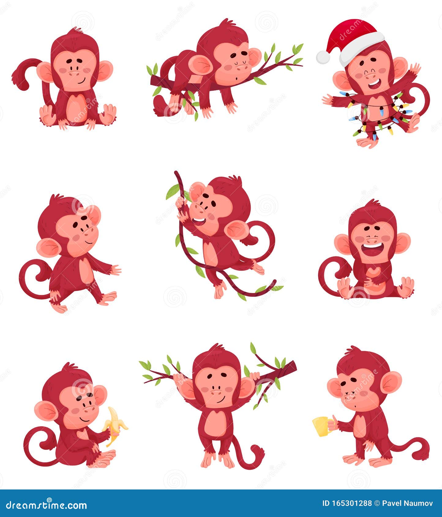 Set of Funny Red Monkeys in Different Actions and Poses Vector ...