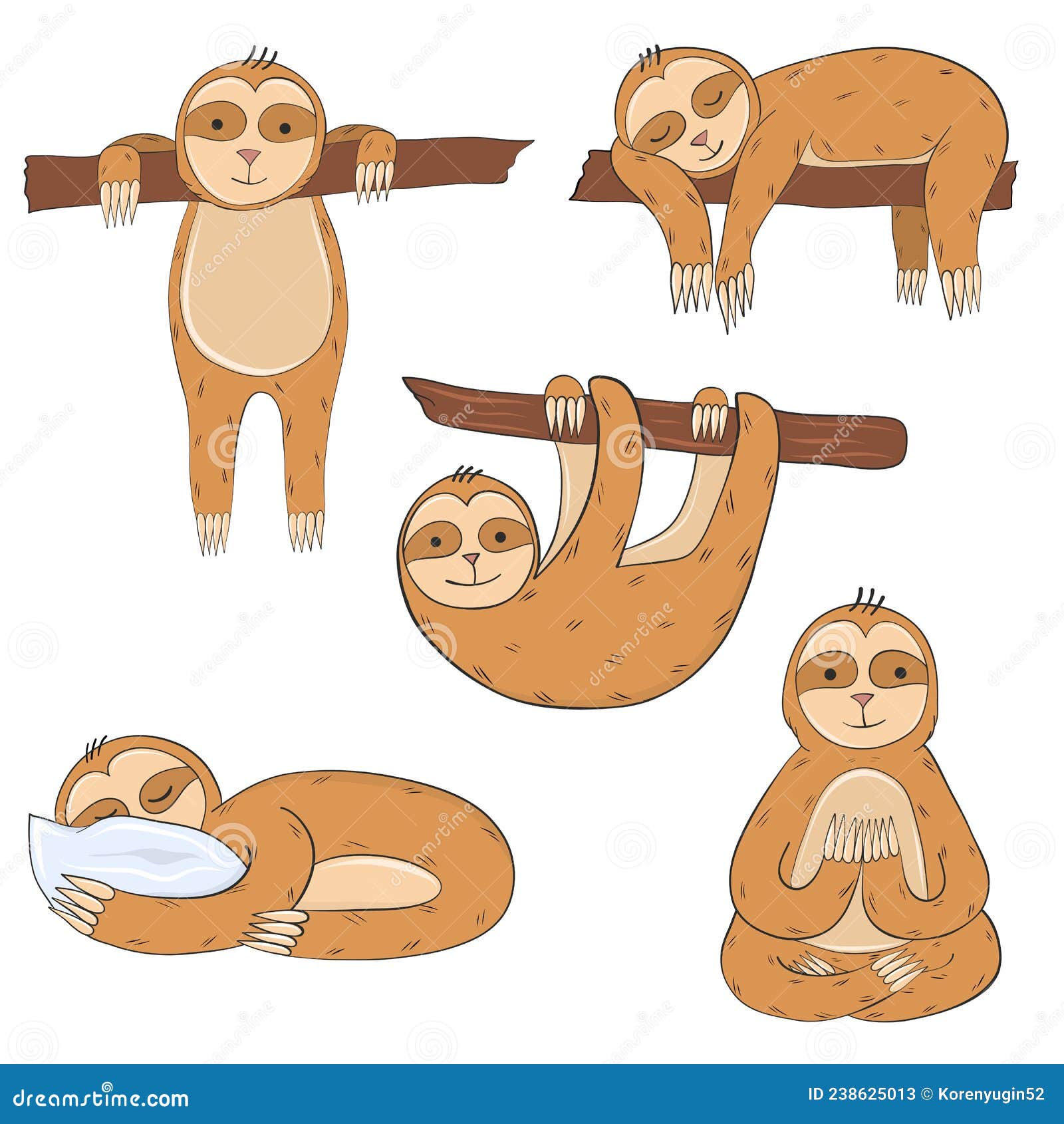 Funny Sloths. Cute Hand Drawn Lazy Animals, Funny Tropical Mammals ...