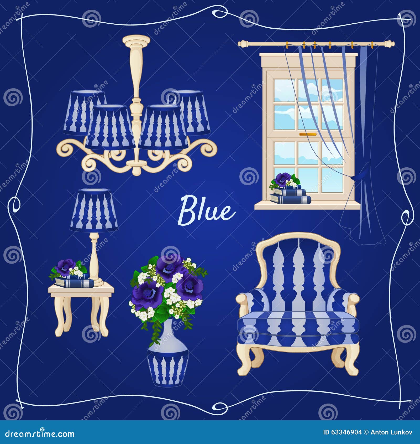 Set of Furniture, Five Individual Objects in Blue Stock Vector ...