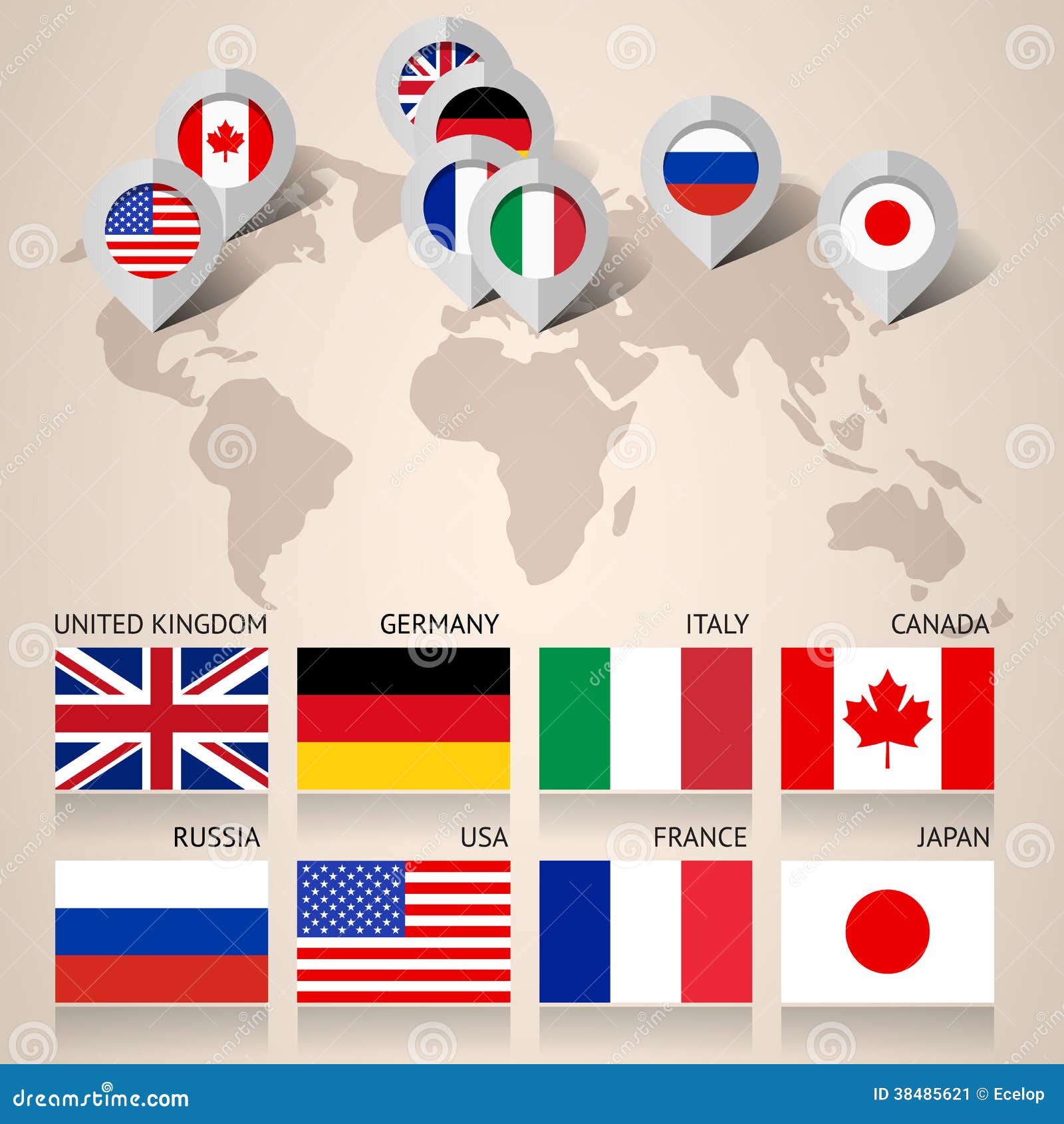 Set of G8 flags with map stock vector. Illustration of freedom - 38485621