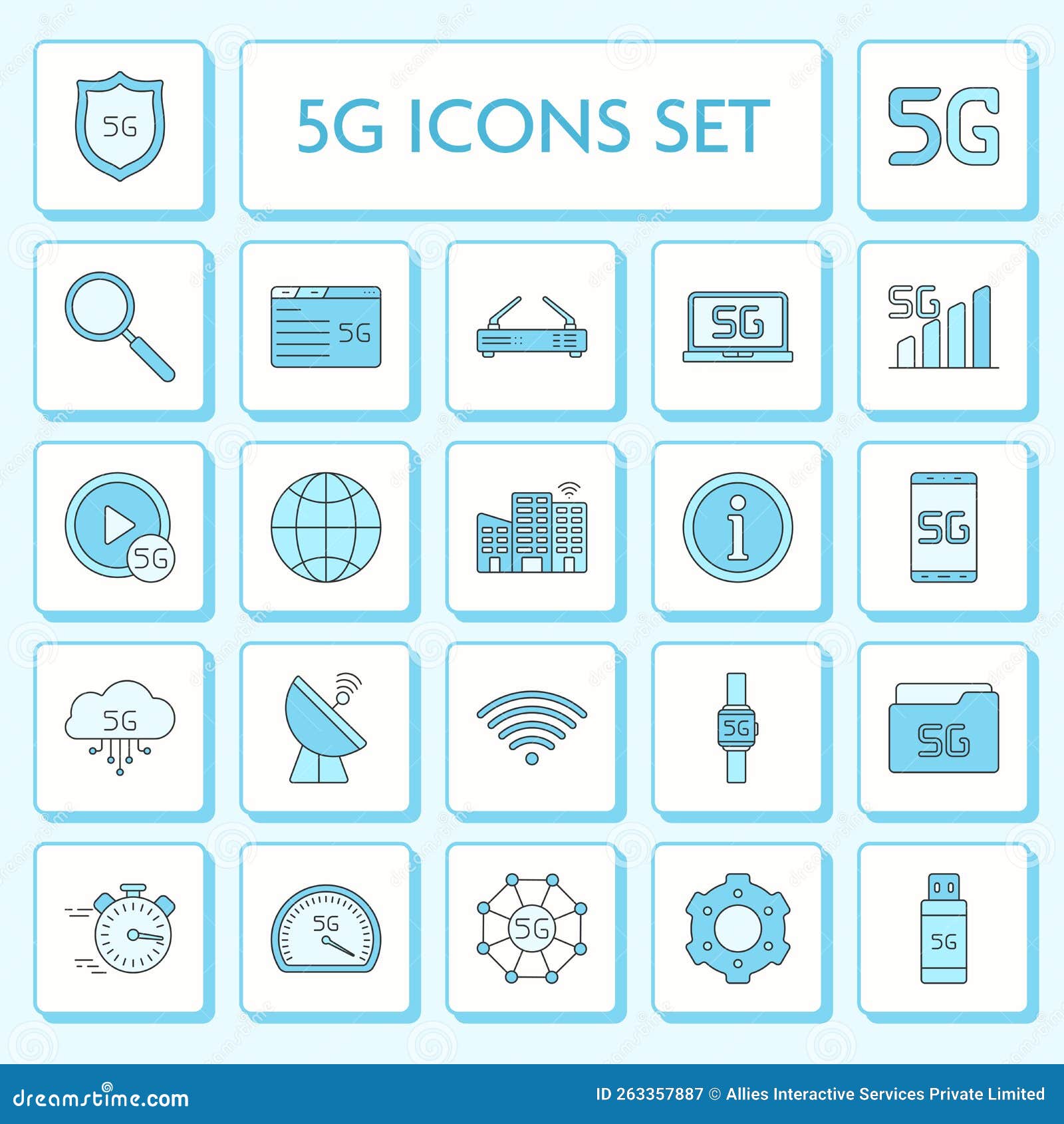 Set of 5G Icon or Symbols on Square Background in Blue and White Stock ...