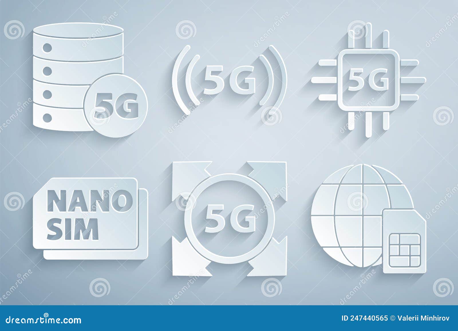 Set 5G Network, Processor, Nano Sim Card, Globe, and Server Icon ...