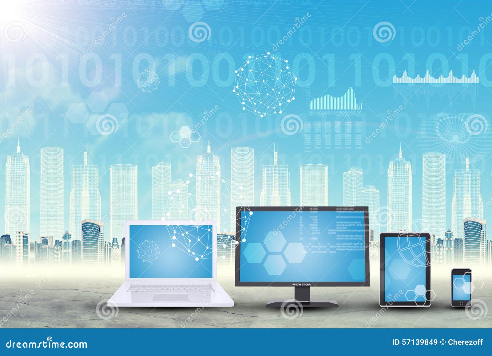 Set of Gadgets on Cityscape Background Stock Illustration ...