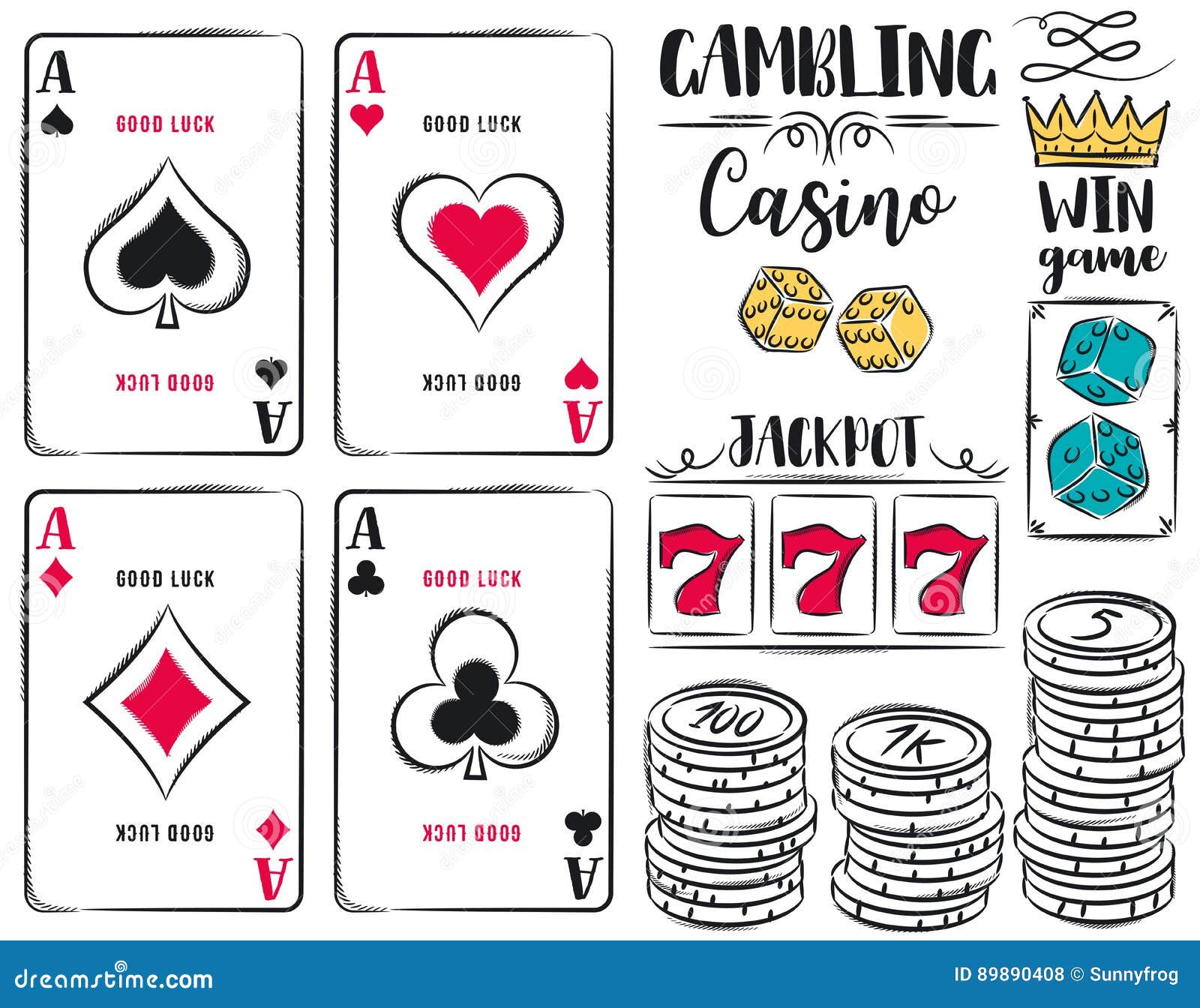Set of Gambling Symbols, Ace, Dice, Chips, Vector Illustration. Stock ...