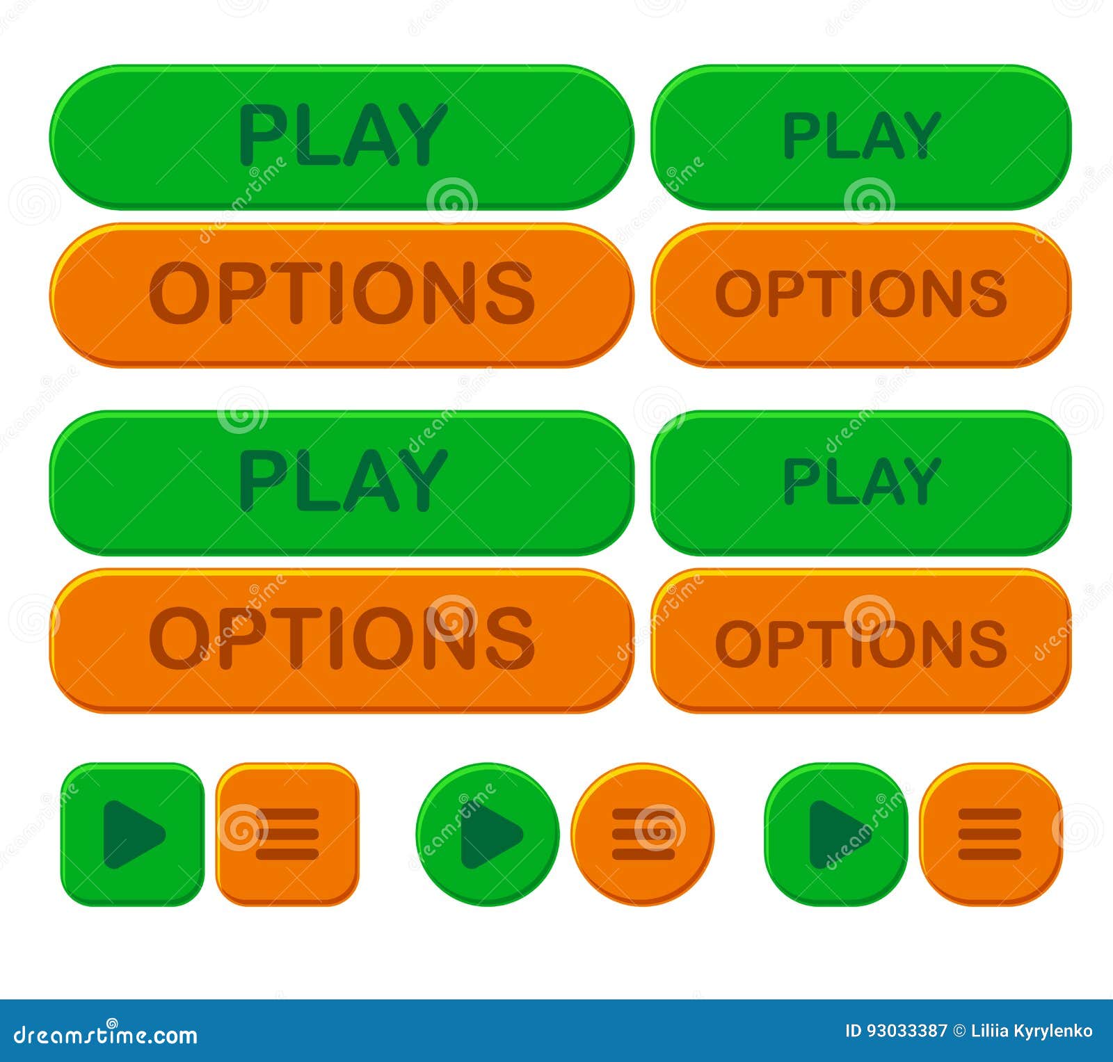 Set Game Bright Button. Options and Play in Green and Orange Color ...