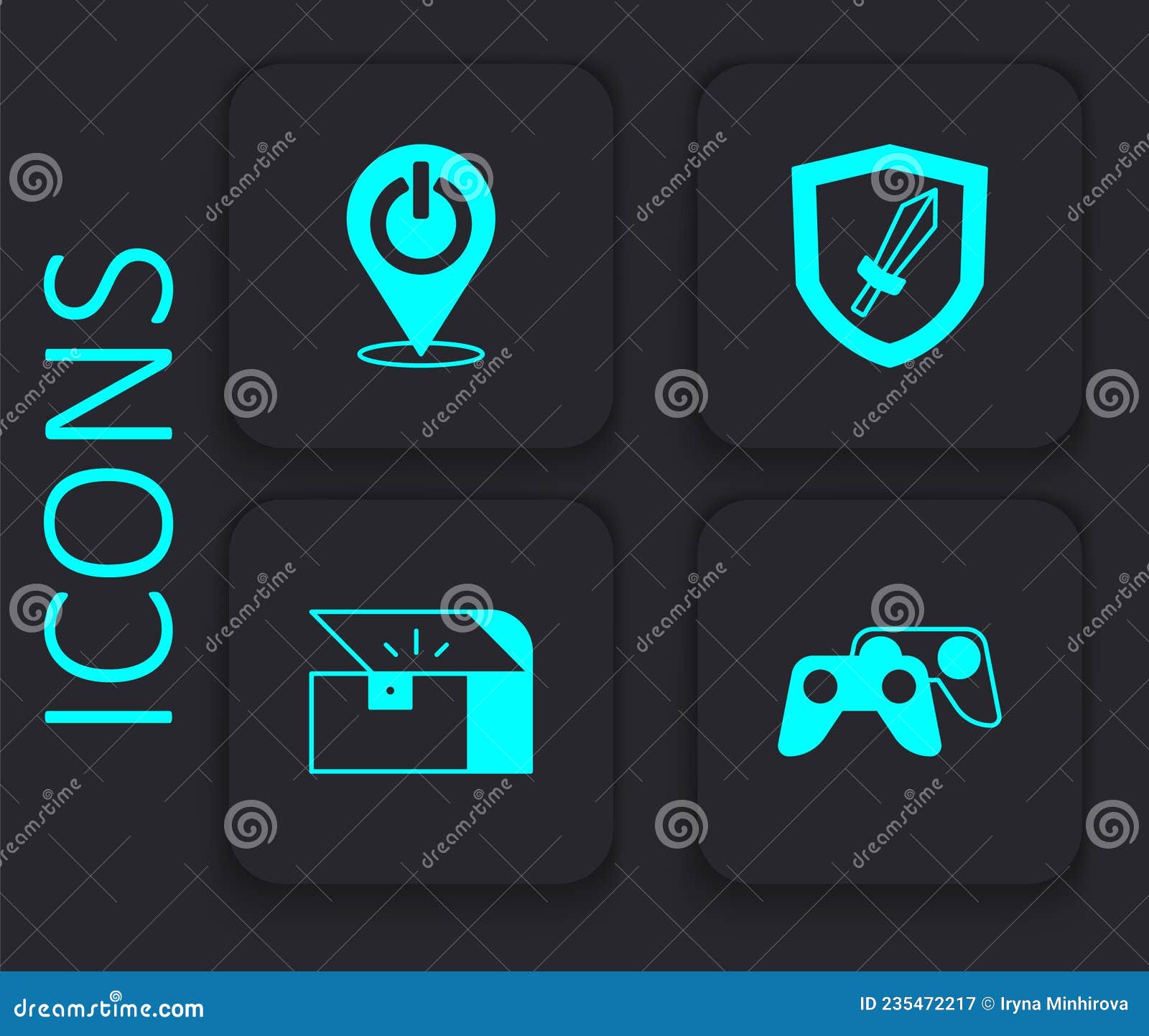 Set Game Controller or Joystick, Power Button, Sword for Game and Chest Icon. Black Square ...
