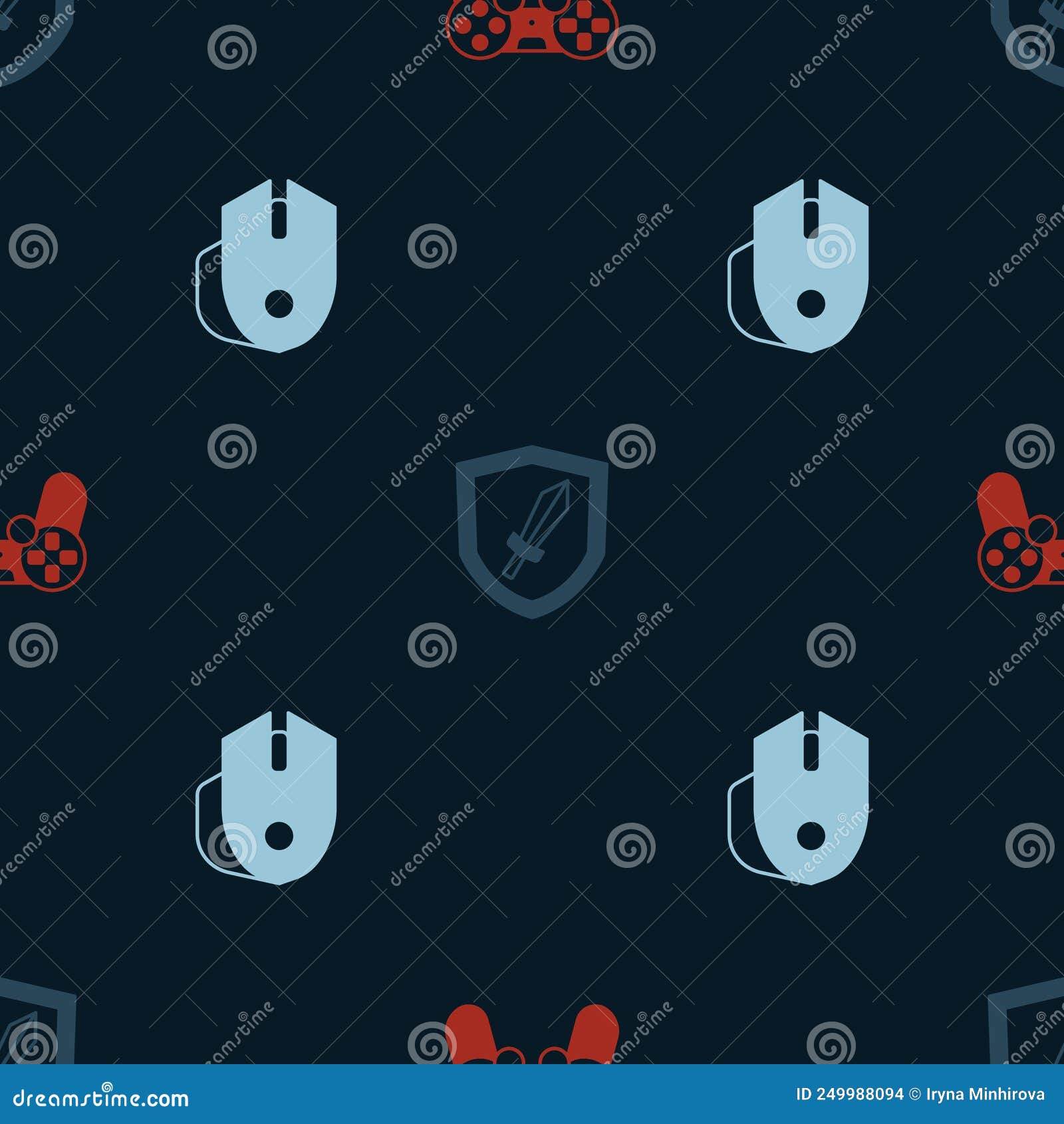 Set Game Controller Or Joystick Sword For Game And Computer Mouse On Seamless Pattern Vector